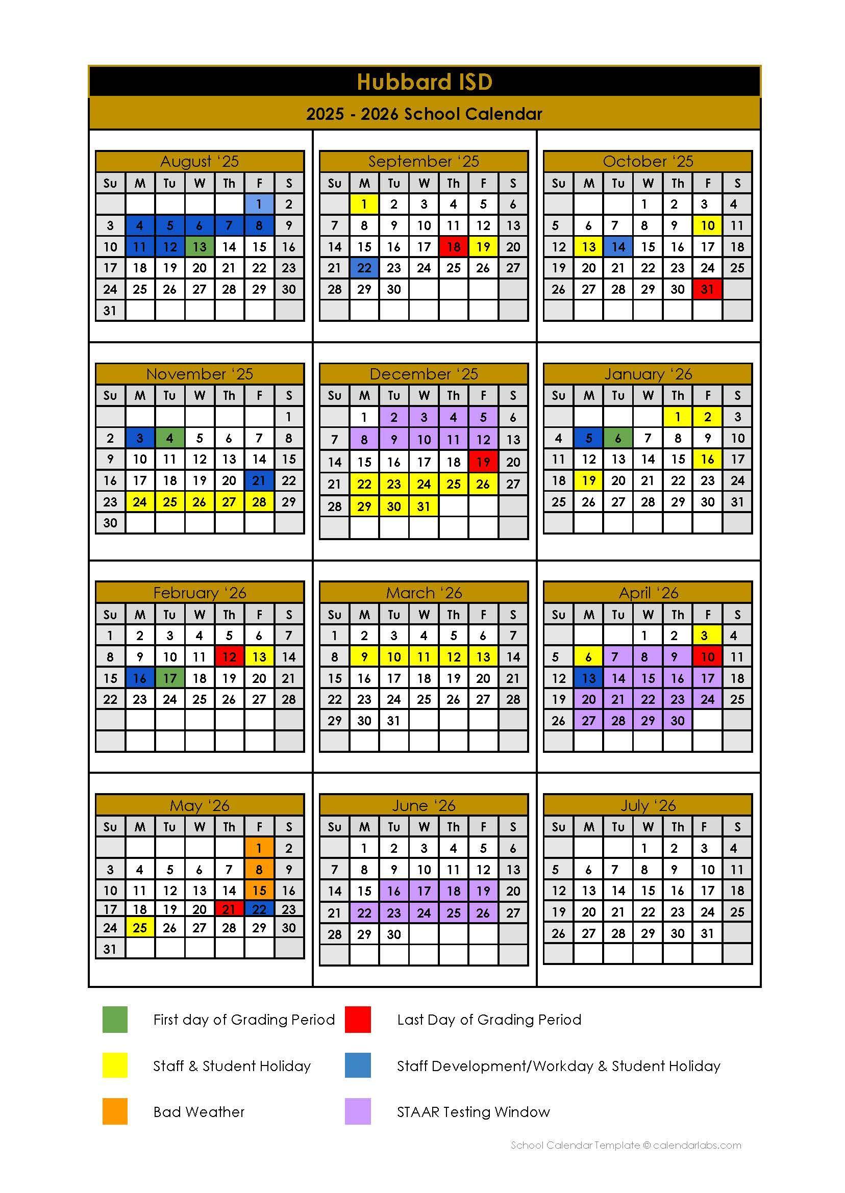 2025-2026 Hubbard ISD Academic School Calendar | Hubbard ISD (region 12)