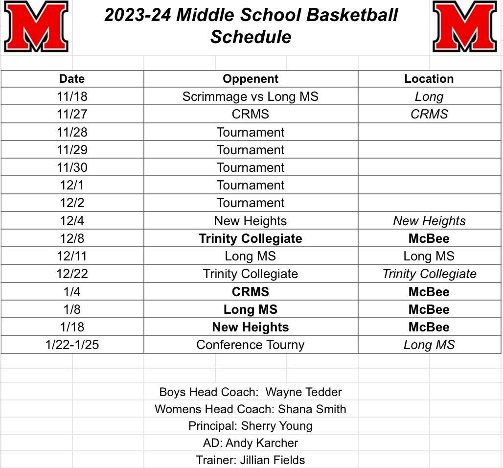 Schedule – Basketball, MS, Boys – McBee High School