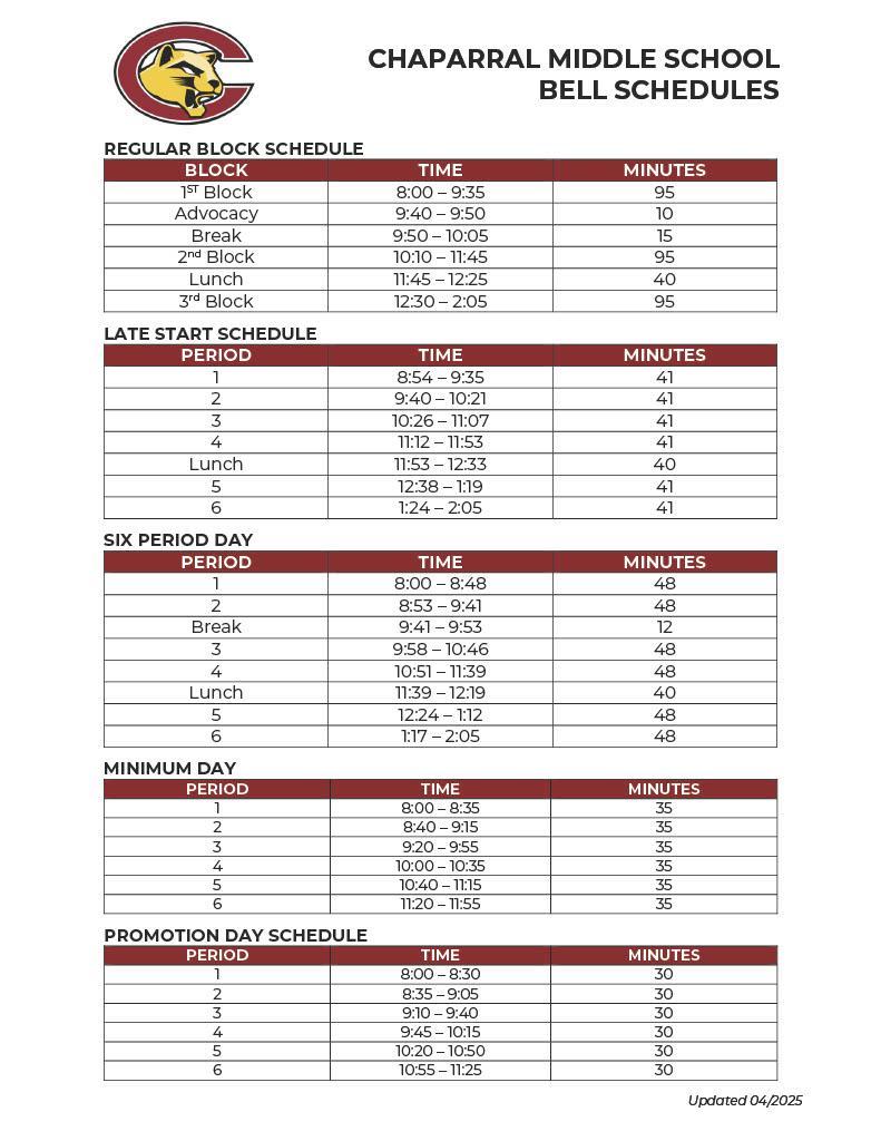 Bell Schedule – Staff – Chaparral Middle School
