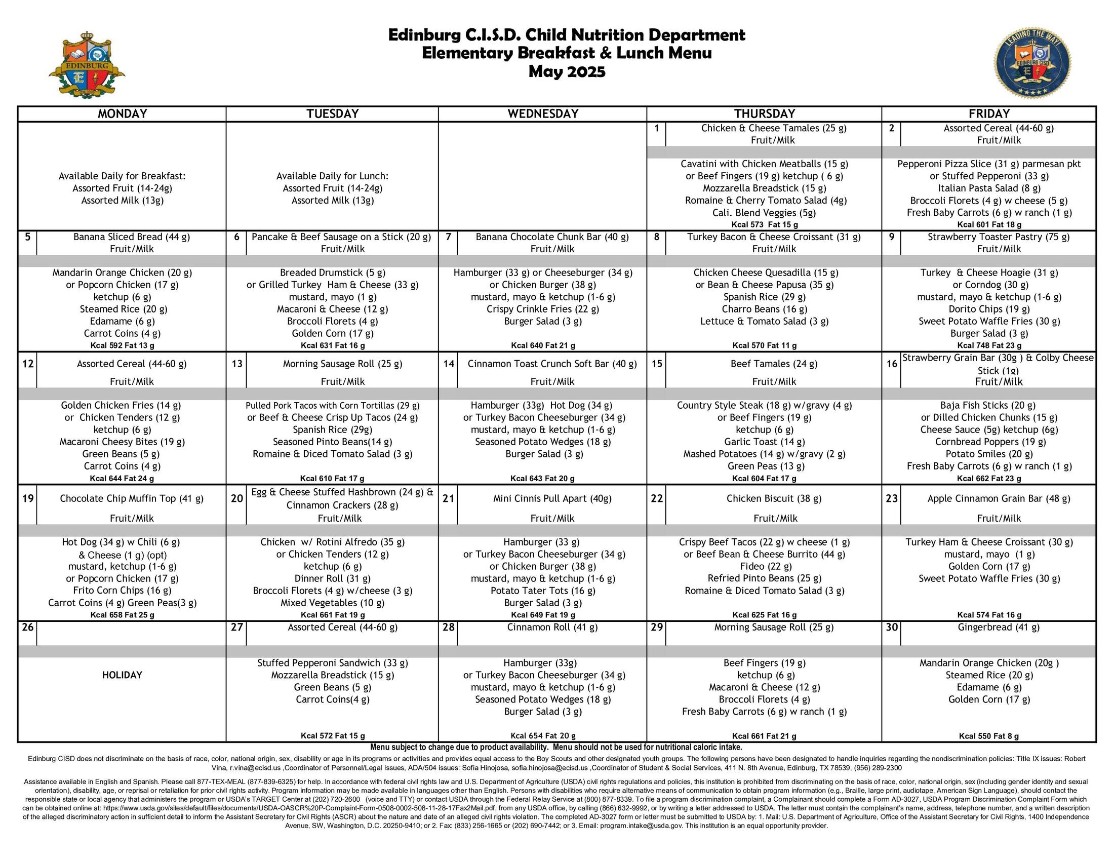 May Breakfast/Lunch Menu – Parents – Travis Elementary