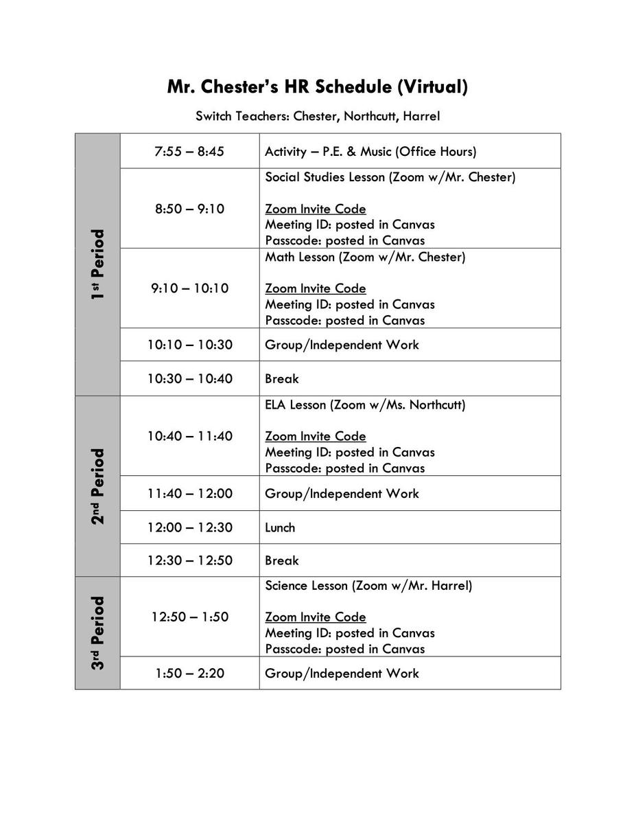 Virtual Learning Schedule – Mr. Andrew Chester – Deepwater Elementary