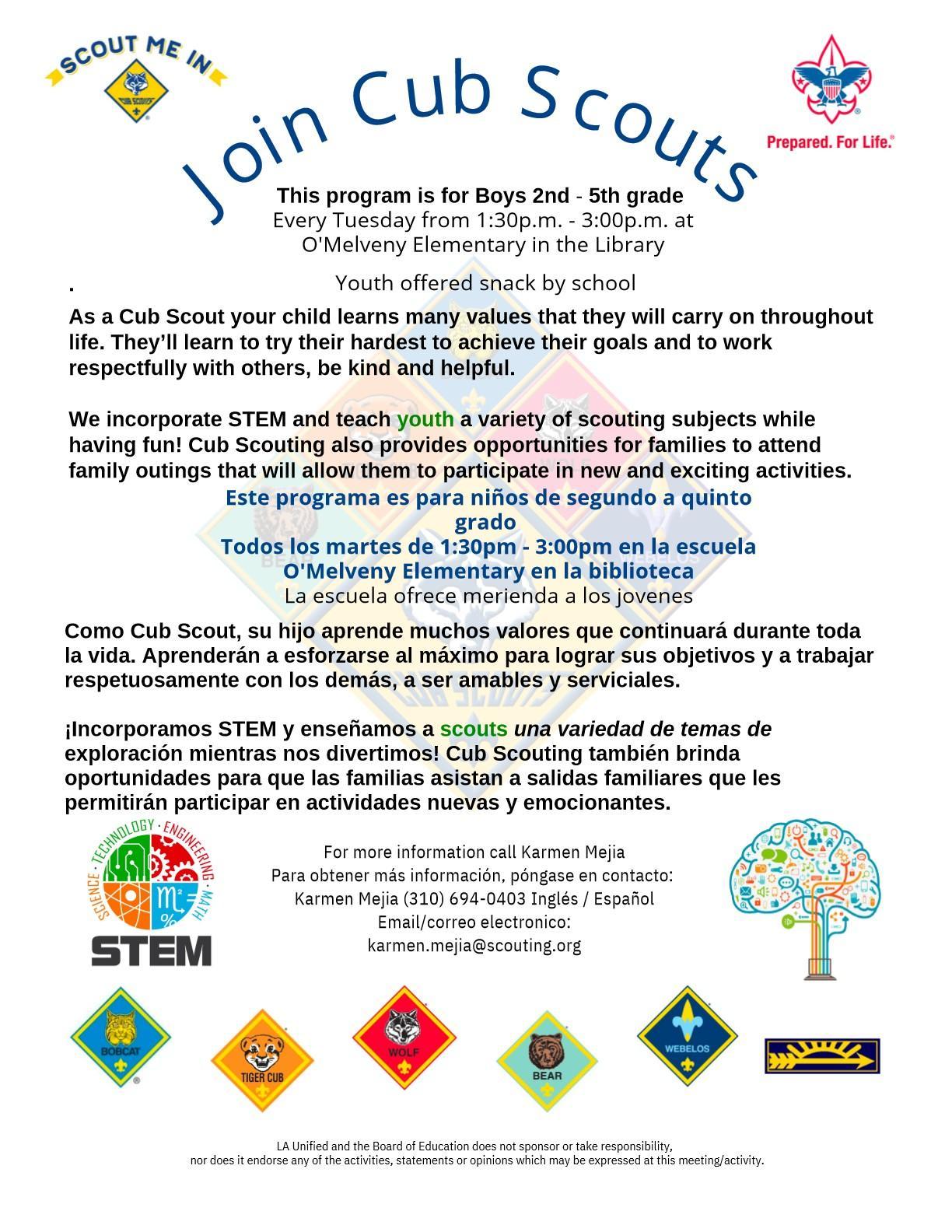 Cub Scouts – School Activities – O'Melveny Elementary