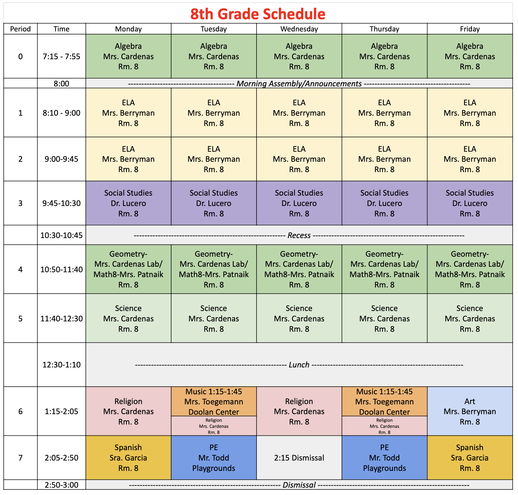 Daily Schedule – 8th Grade – St. Edward School