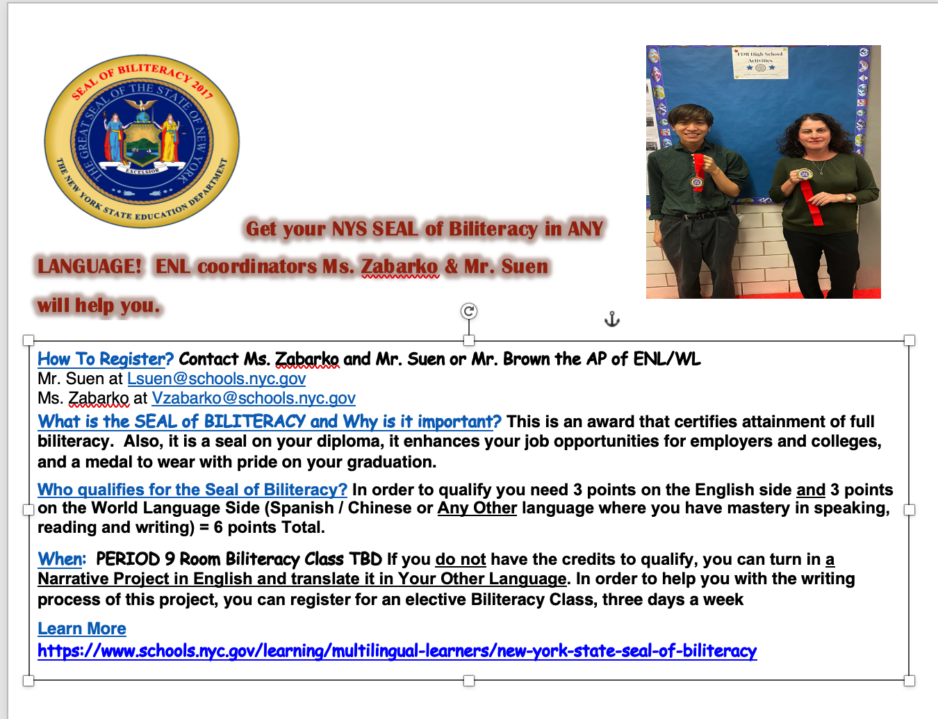 Get the Seal Of Biliteracy – ENL – Franklin Delano Roosevelt High School