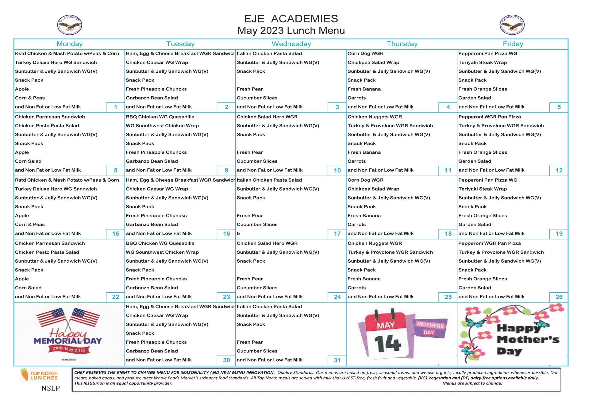 ELE & MID Lunch Menu – Child Nutrition – EJE Academies Charter School