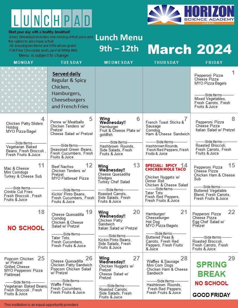 Lunch Menu – Student Life – Horizon Science Academy of Lorain