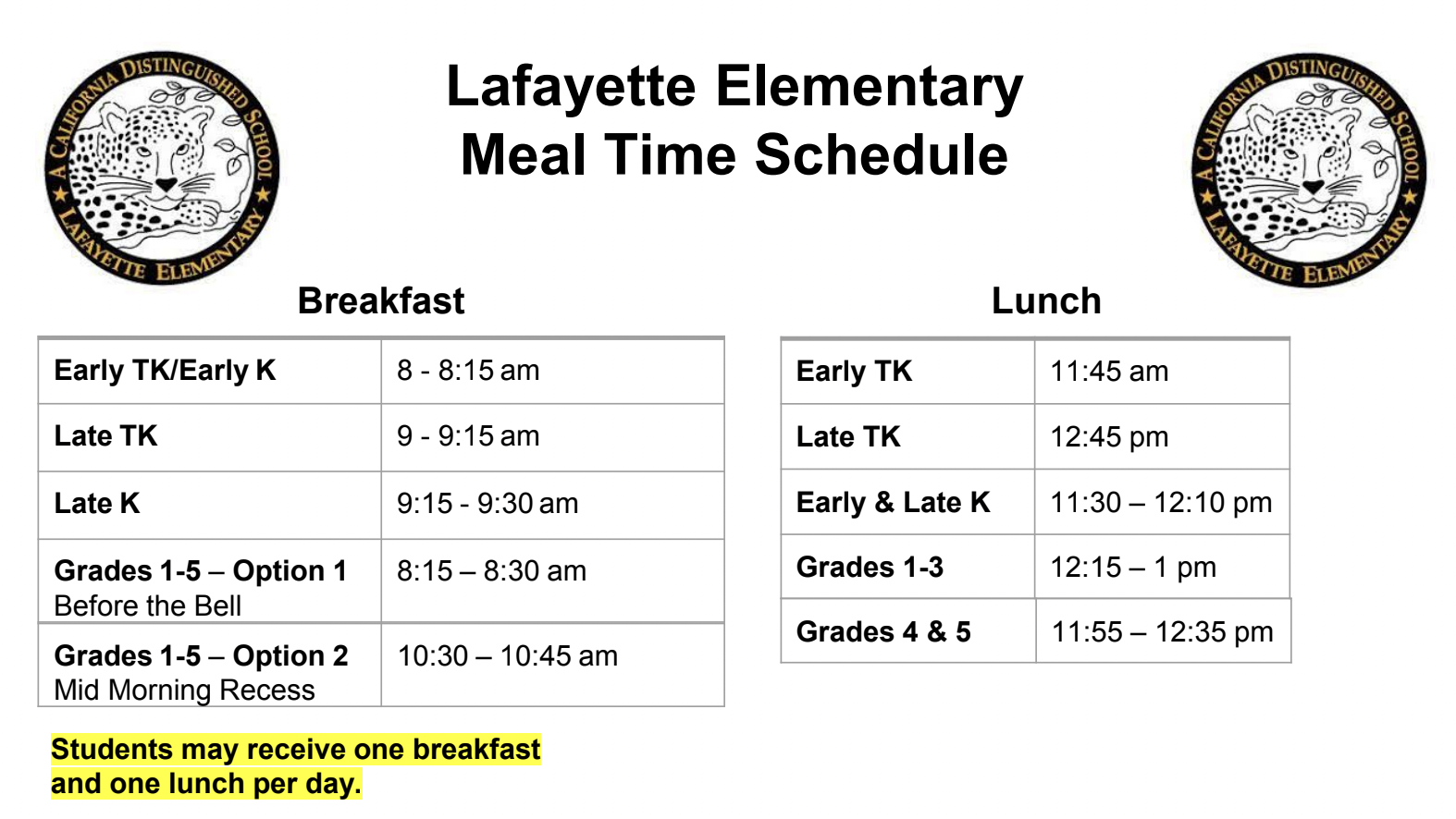Bell and Meal Schedules – School Information – Lafayette Elementary