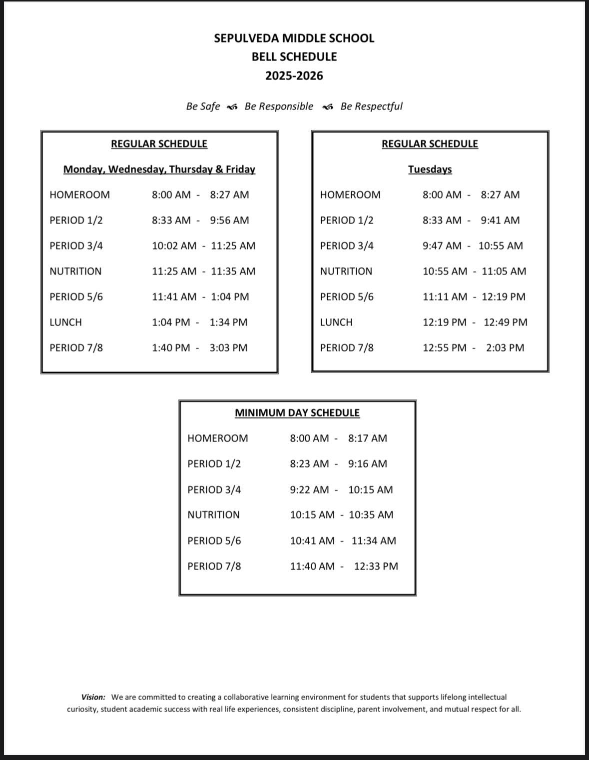 Bell Schedule – Students – Francisco Sepulveda Middle School
