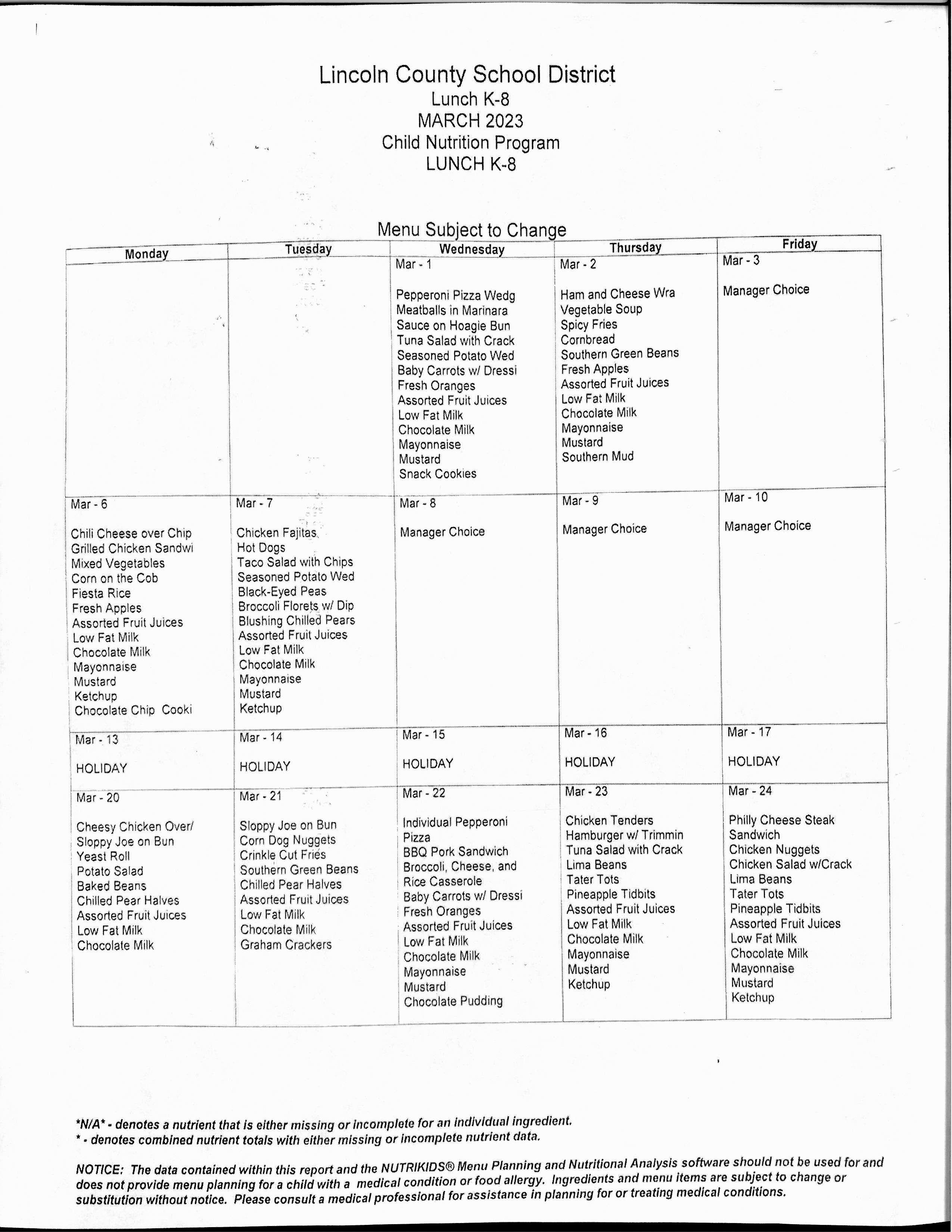 Breakfast & Lunch Menus – Child Nutrition Program – Lincoln County ...