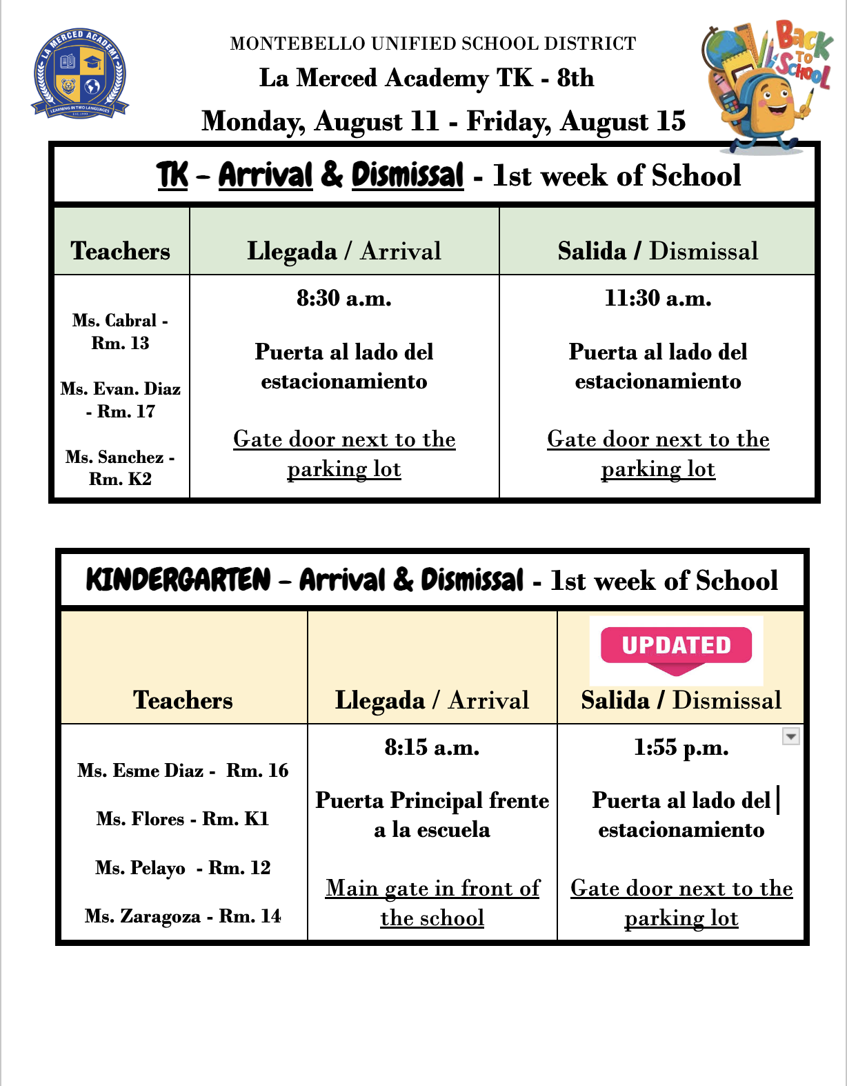 TK-K Arrival and Dismissal 1st Week. TK-K Llegada y salida 1.ª semana ...