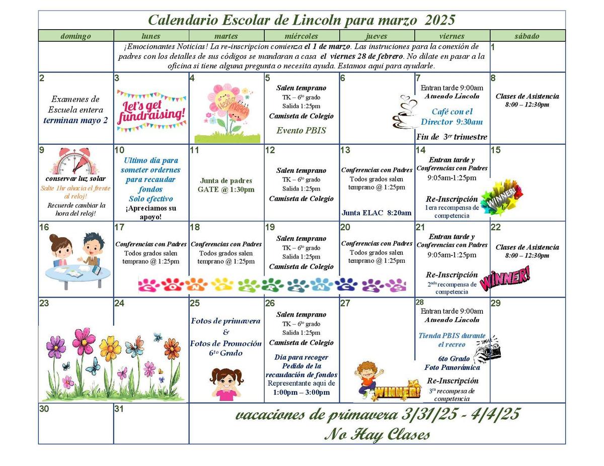 March 2025 Lincoln Elementary Calendar | Lincoln Elementary School