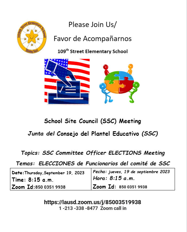 School Committees/Comités de la Escuela – PARENTS – 109th Street Elementary