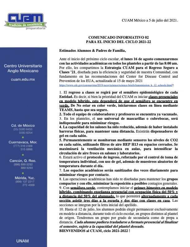 COMUNICADO 02 DE RECTORÍA PARA EL REGRESO A CLASES 2021-2022 – L.C ...