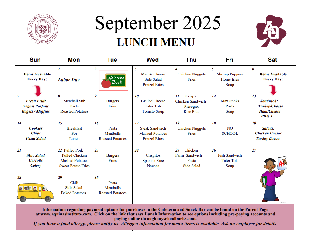 Lunch Information - Lunch Information - Aquinas Institute of Rochester