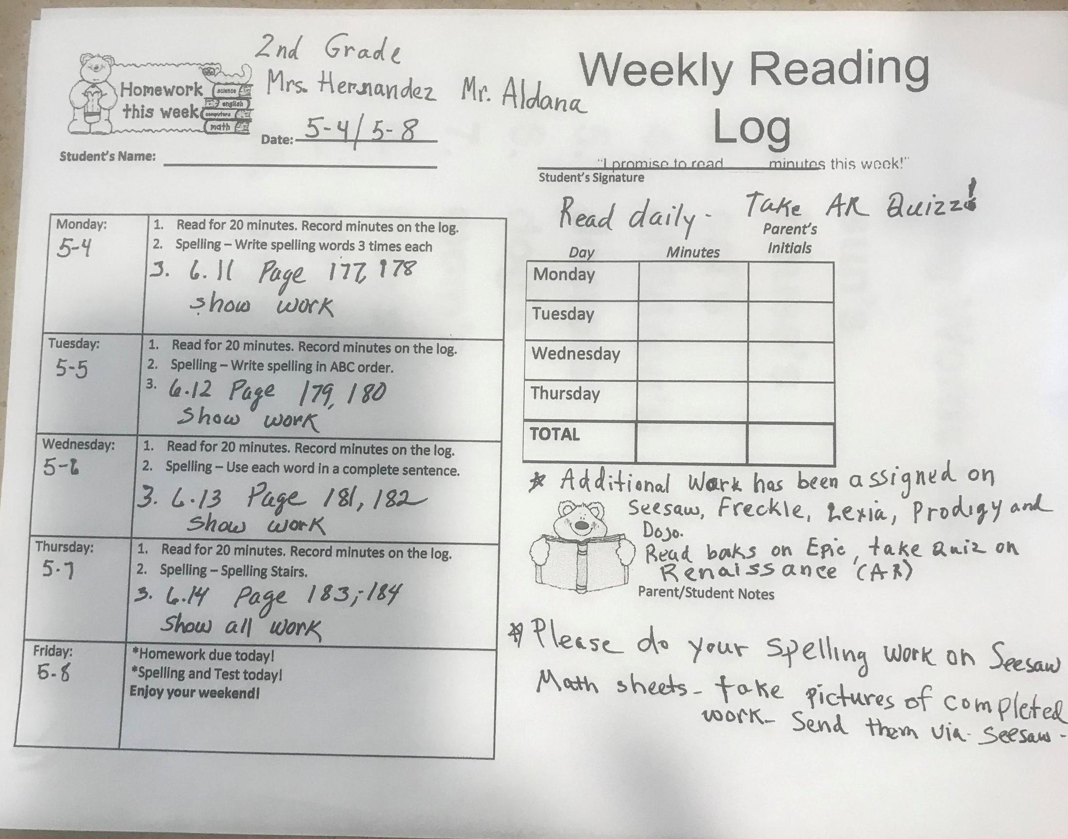 Ms. Hernandez Second Grade Distance Learning Plan Week 7 5/4 - 5/8 ...