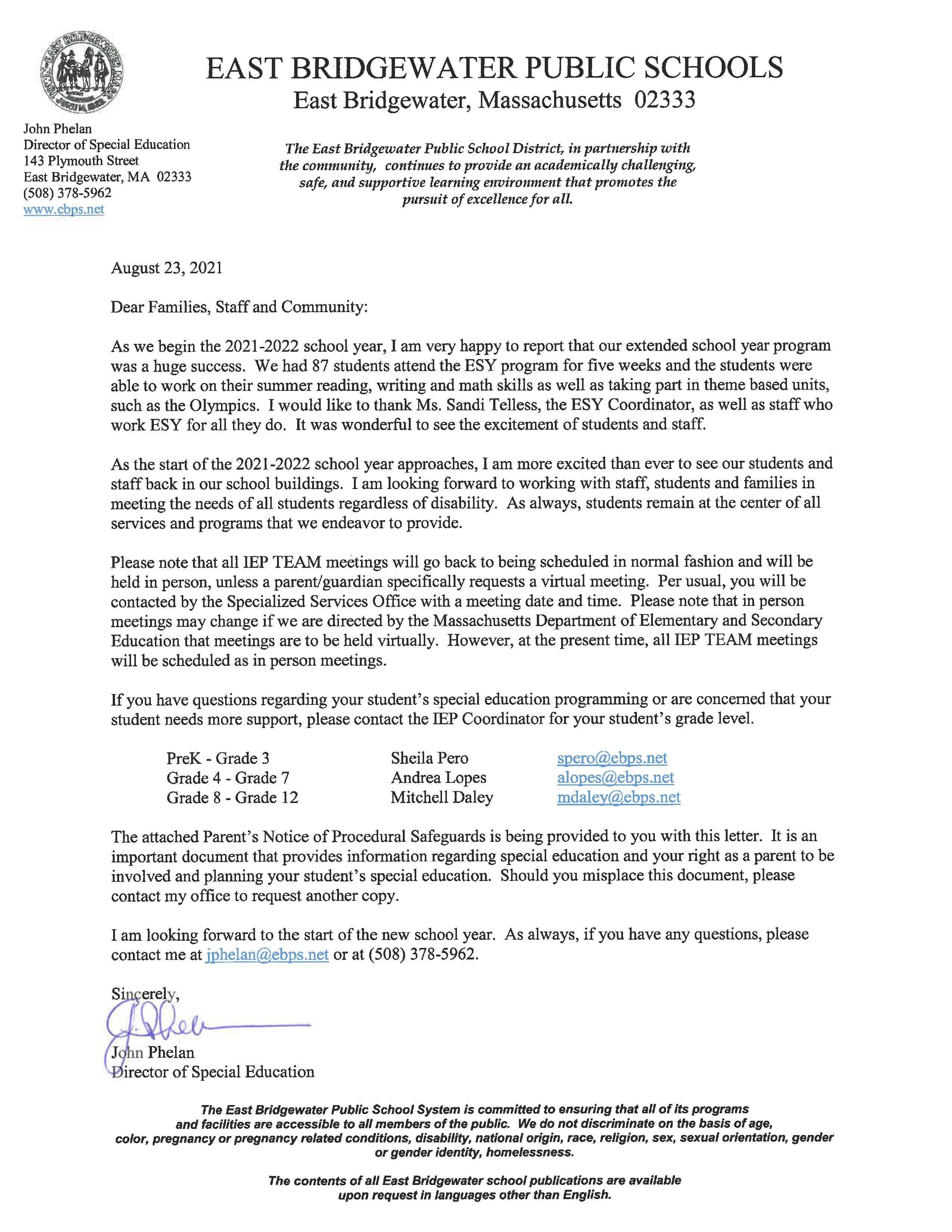 Announcements – Special Education and Pupil Services – East Bridgewater ...