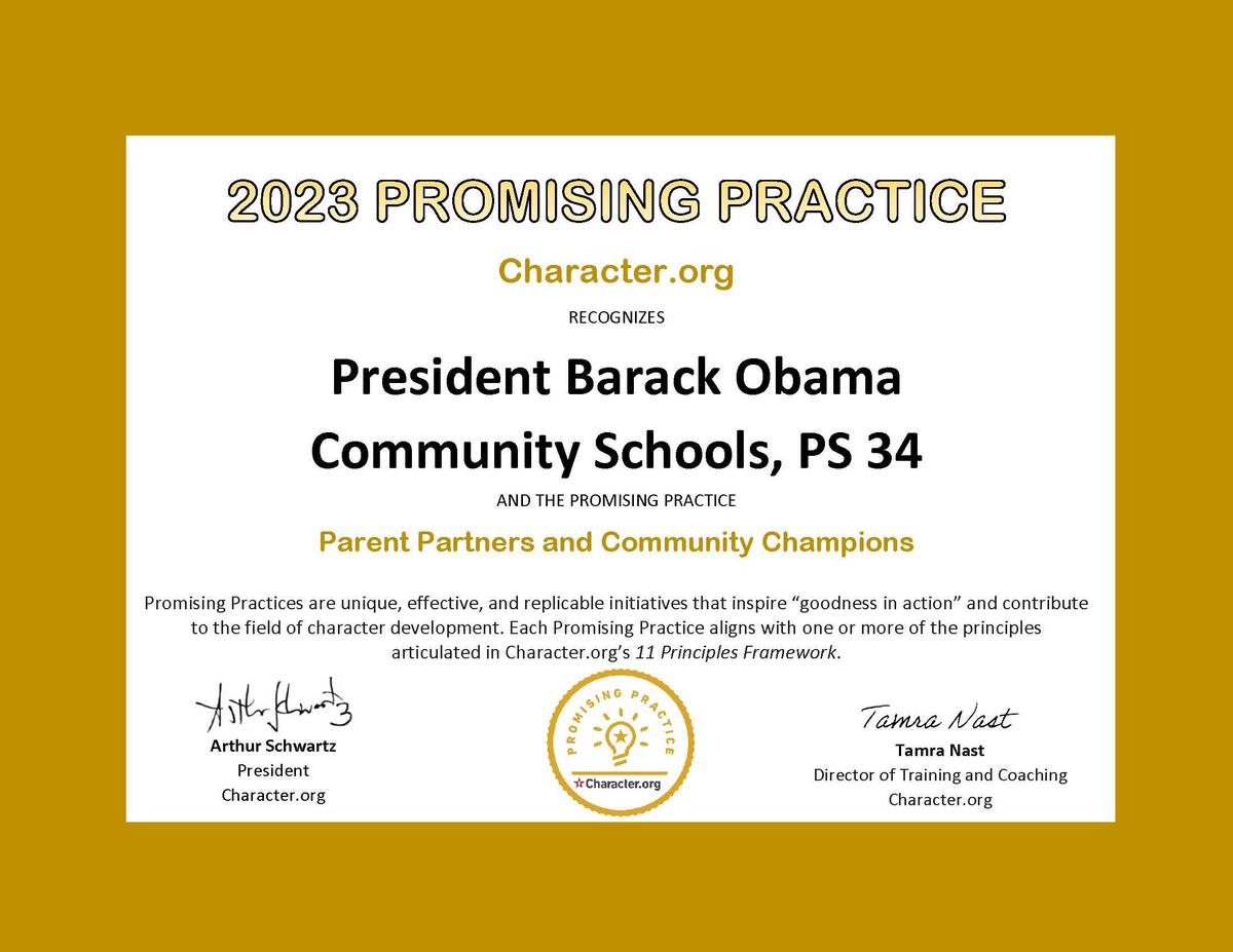 PS 34 has been awarded Promising Practice Award by Character.org ...