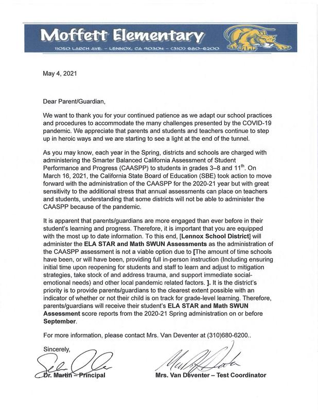 Parent letter on student testing/ Informe para padres de los exámanes ...