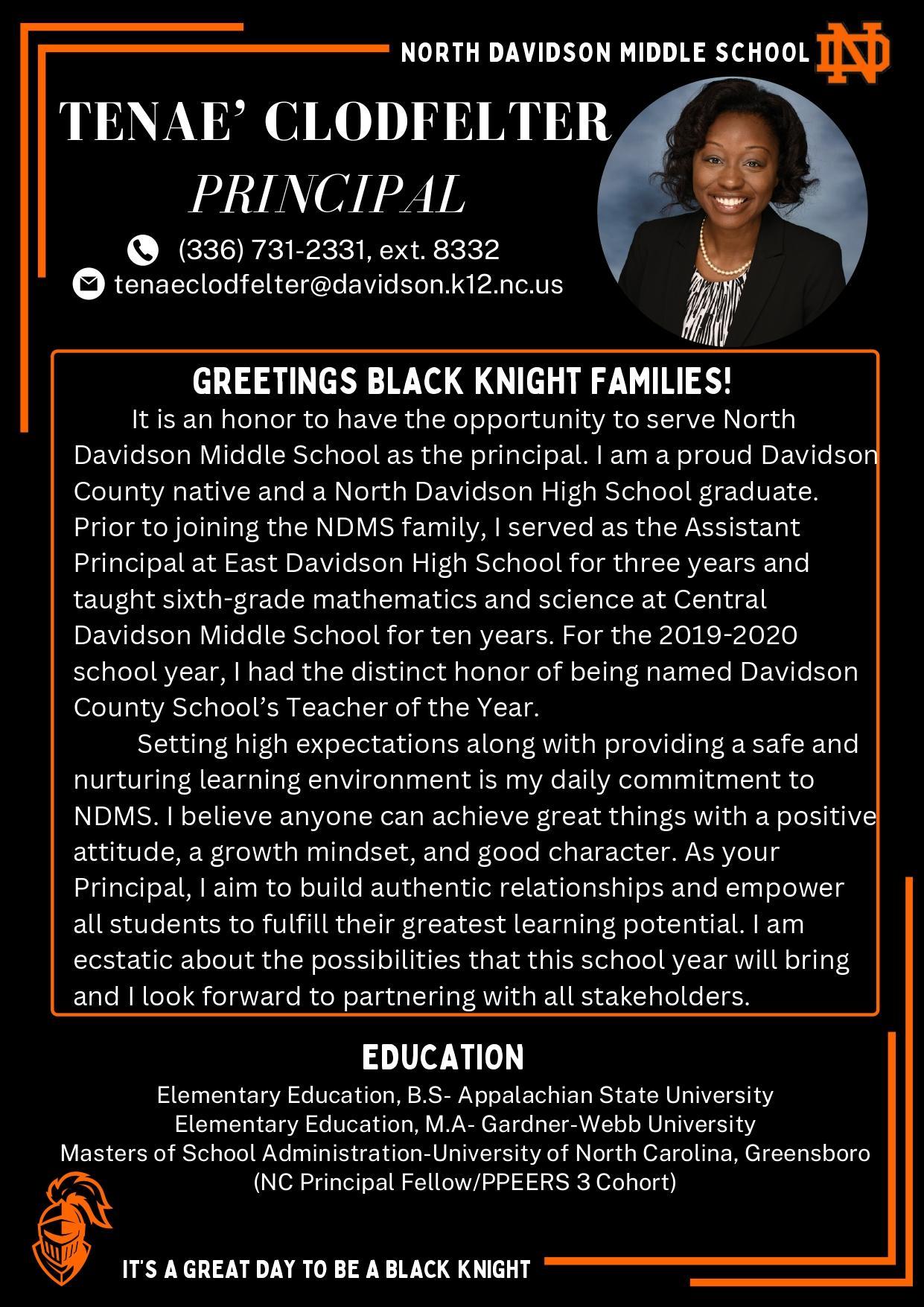 Tenae Clodfelter, Principal – Tenae Clodfelter – North Davidson Middle ...