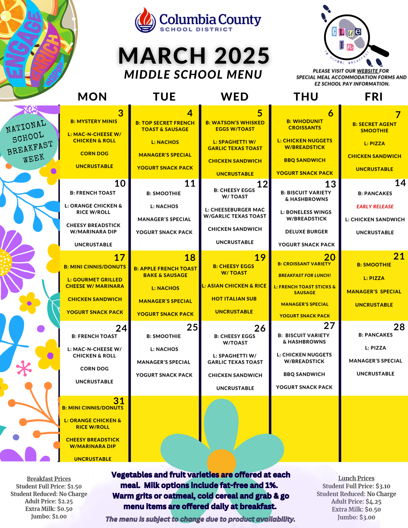 Menus – School Nutrition – Columbia County Schools