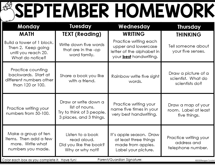 Homework – 1st Grade – John S. Bradfield Elementary