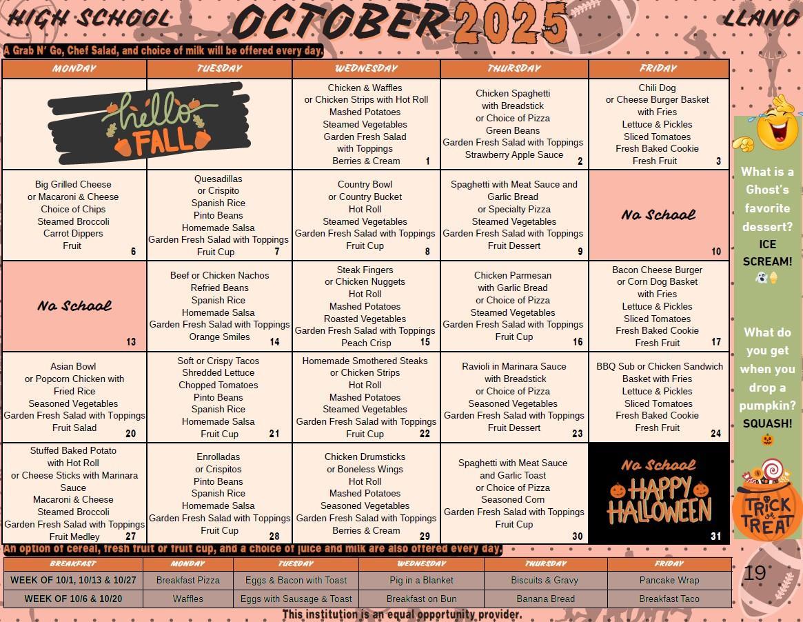 District Menus – Food & Nutrition – Llano Independent School District