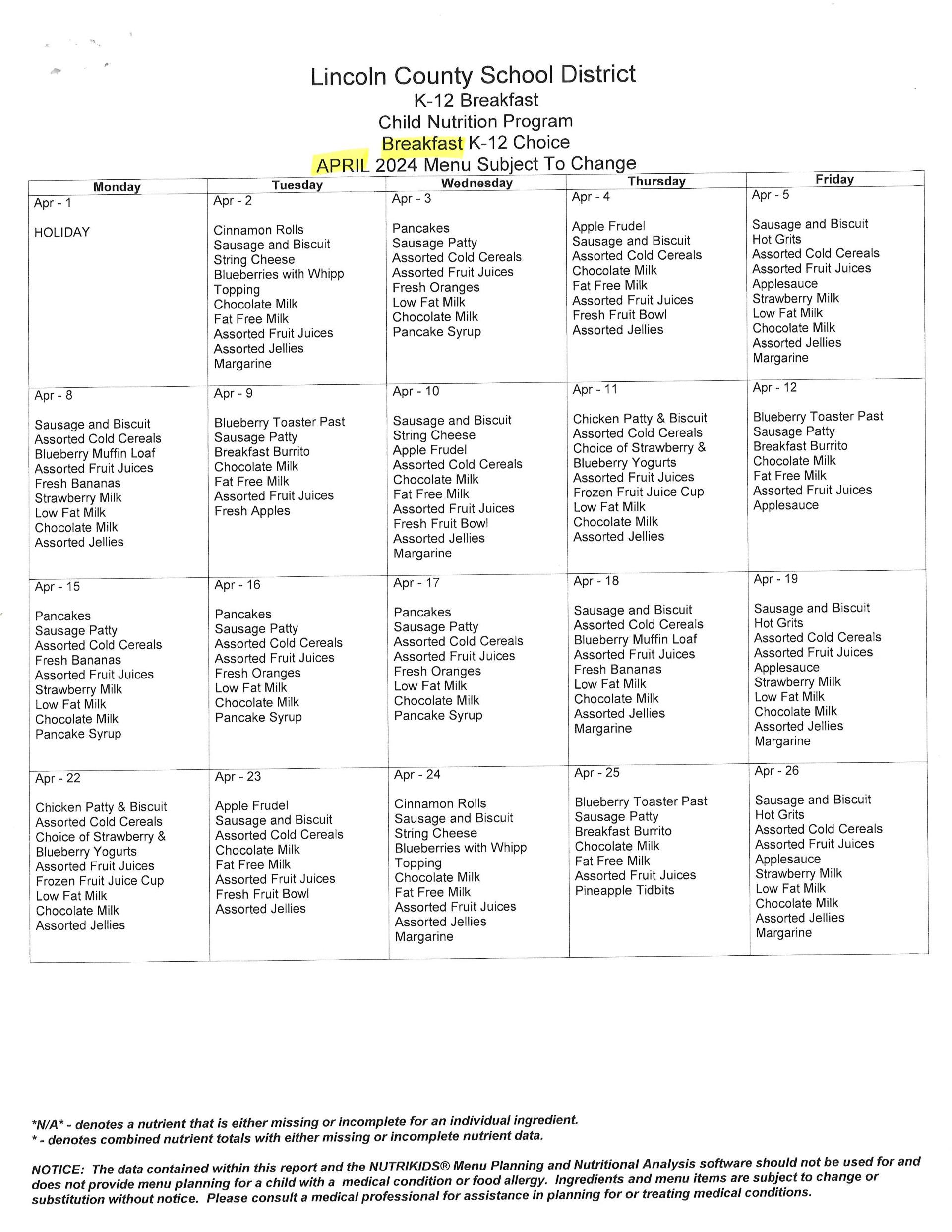Breakfast & Lunch Menus – Child Nutrition Program – Lincoln County ...