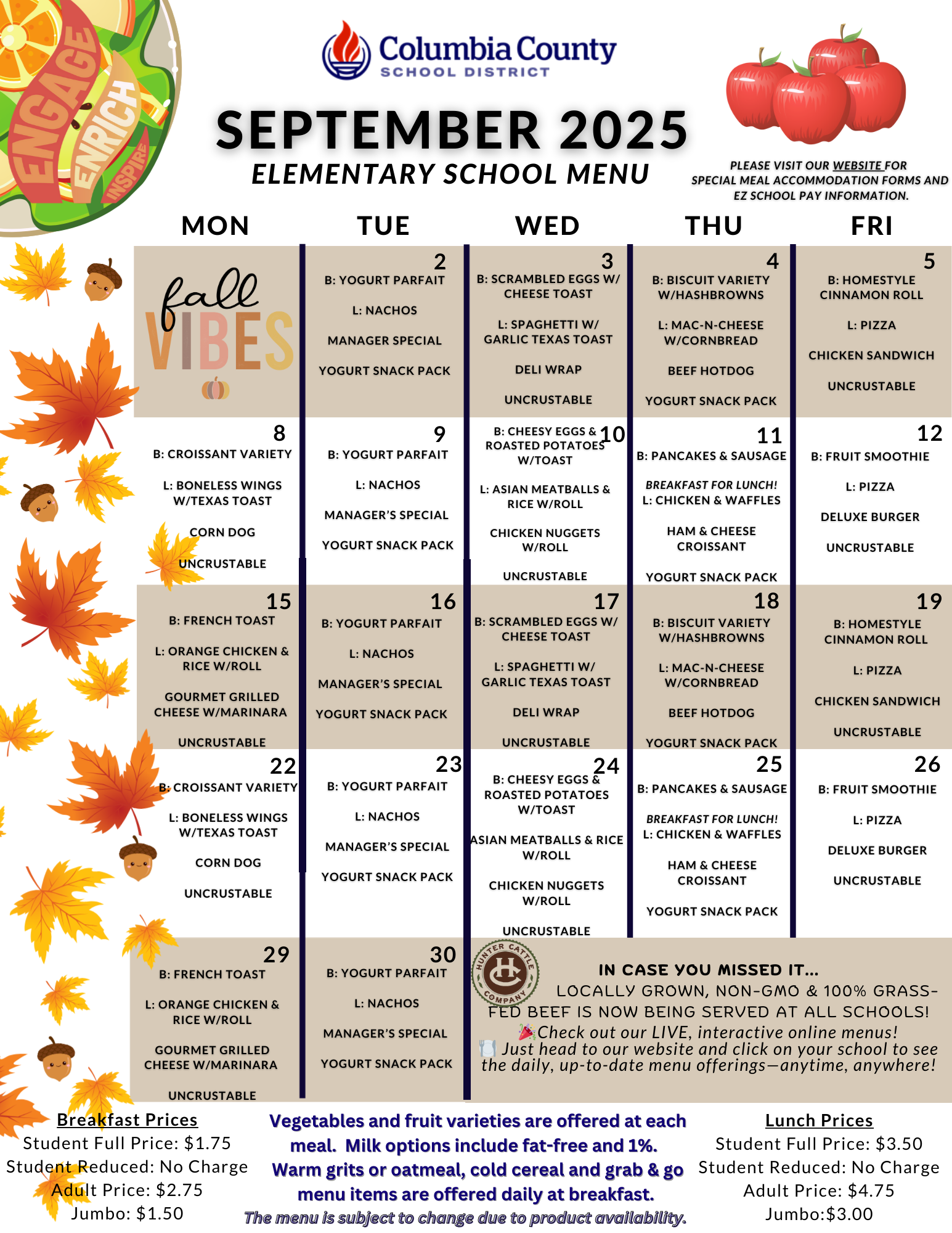 Menus – School Nutrition – Columbia County Schools