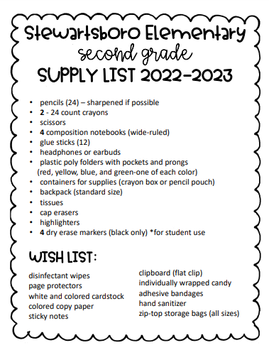 2nd Grade Supply List – Allison Bohannon – Stewartsboro Elementary School