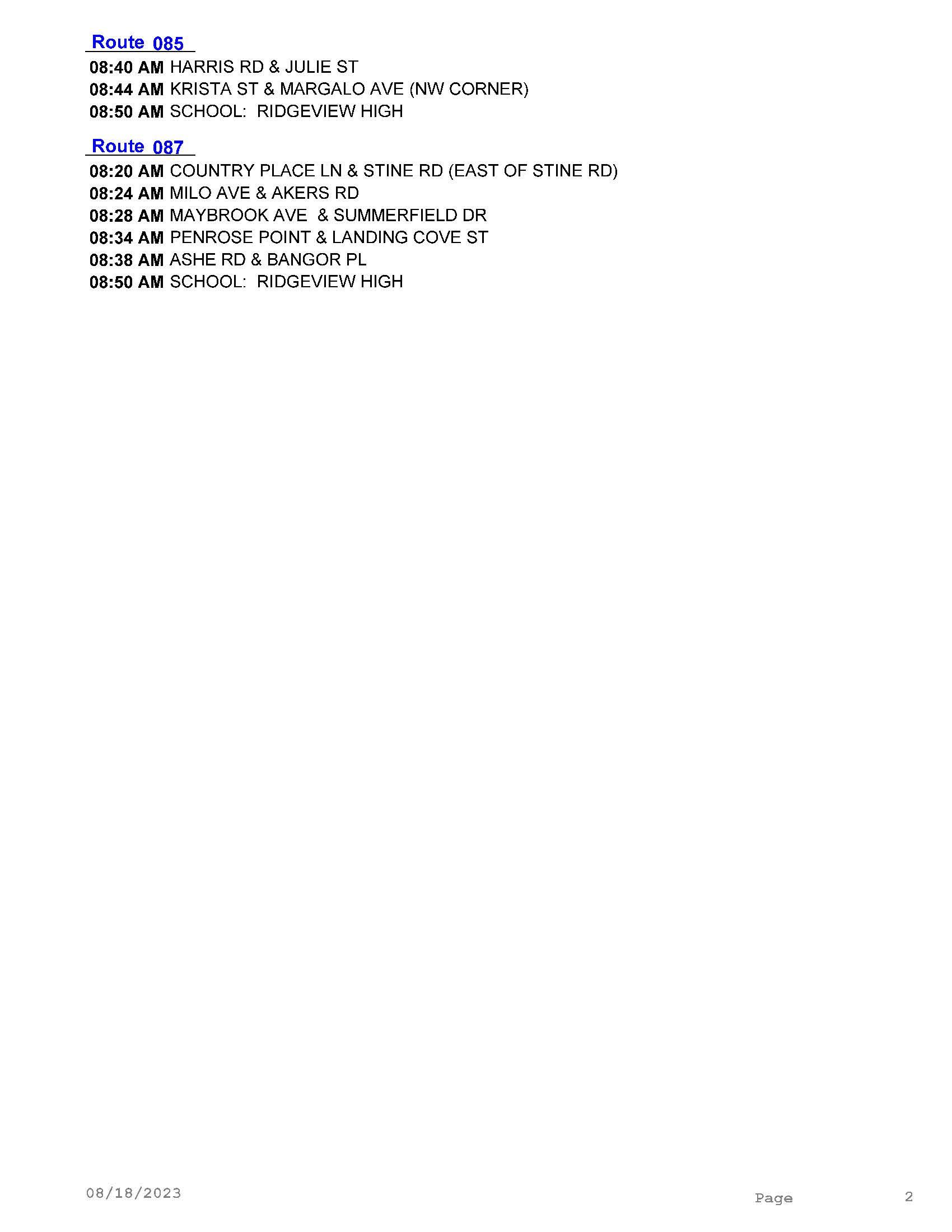 Bus Schedule Resources Ridgeview High School