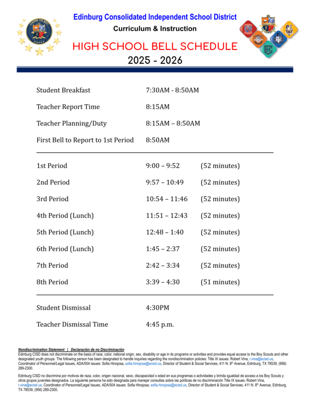2025-2026 Bell Schedule | Edinburg High School