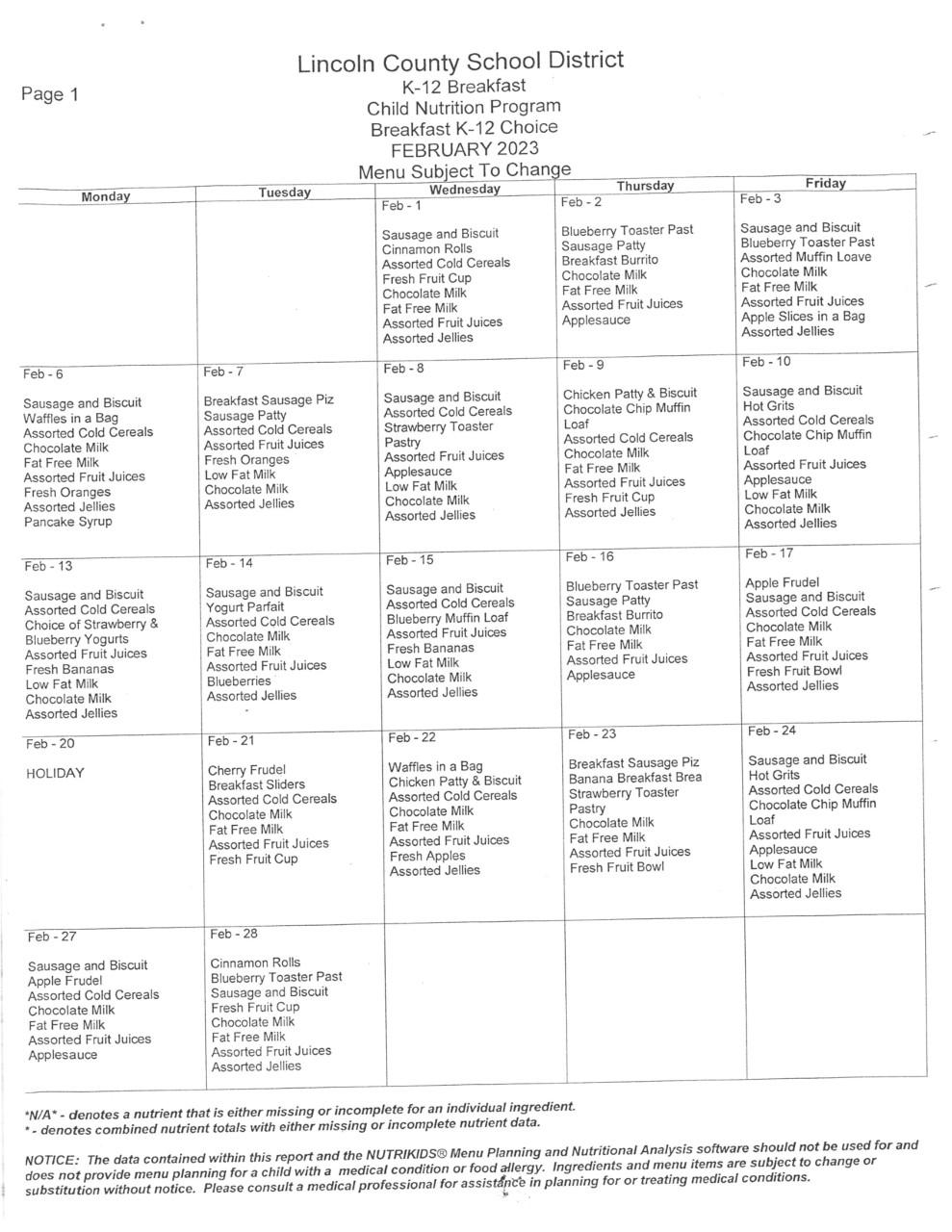 Breakfast & Lunch Menus – Child Nutrition Program – Lincoln County ...