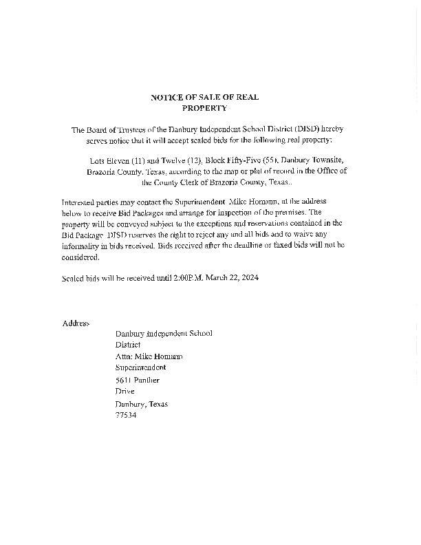 Notice of Sale of Real Property | Danbury Independent School District