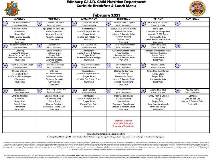 February Breakfast/Lunch Menu – Parents – Travis Elementary