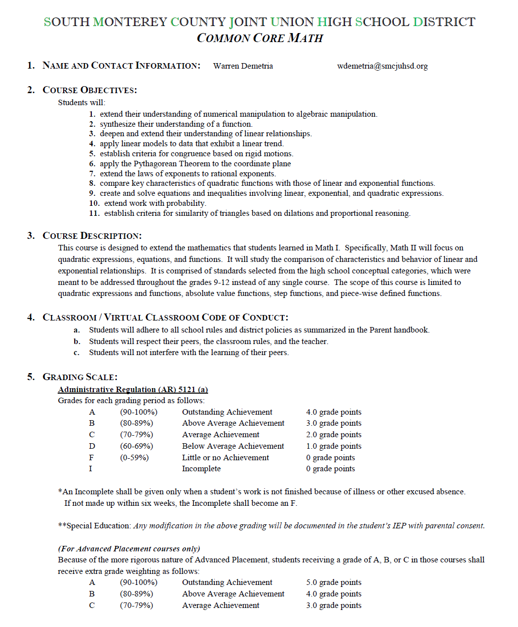 Common Core Math – Mr. Warren Demetria – Greenfield High School