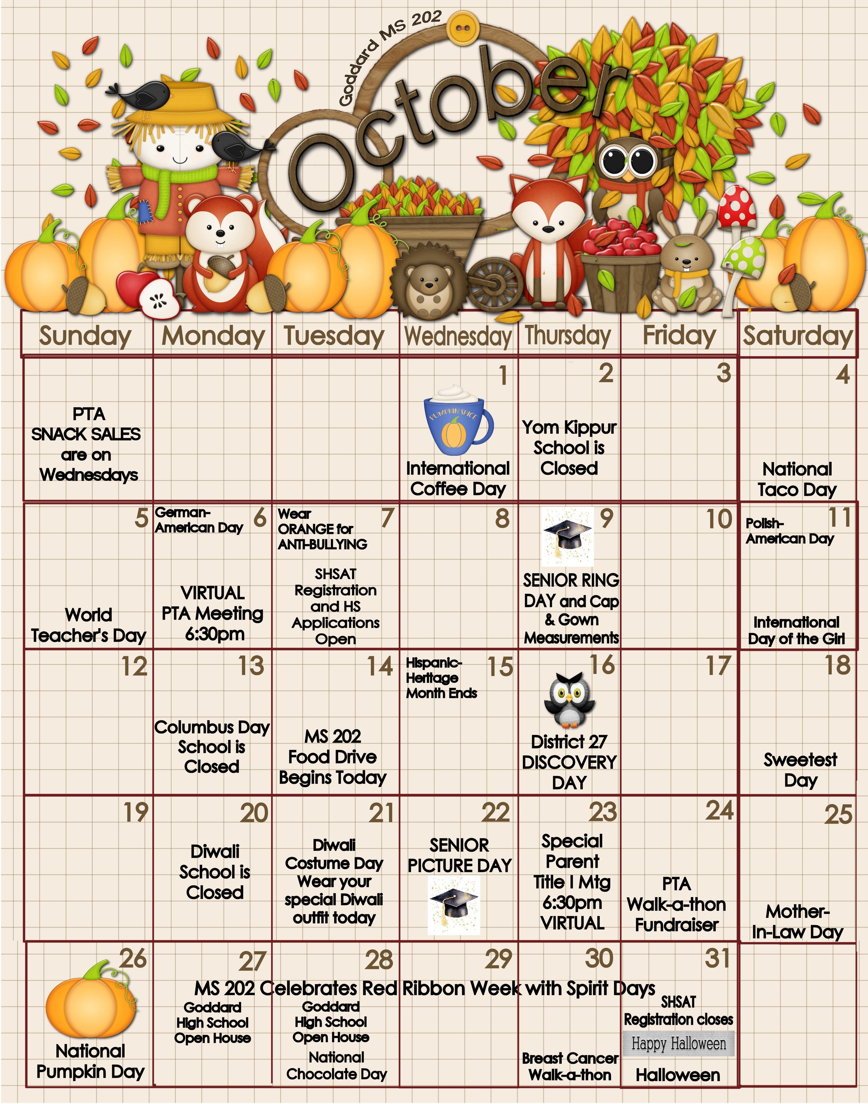 Monthly Calendar – Parents – Robert H. Goddard Middle School 202