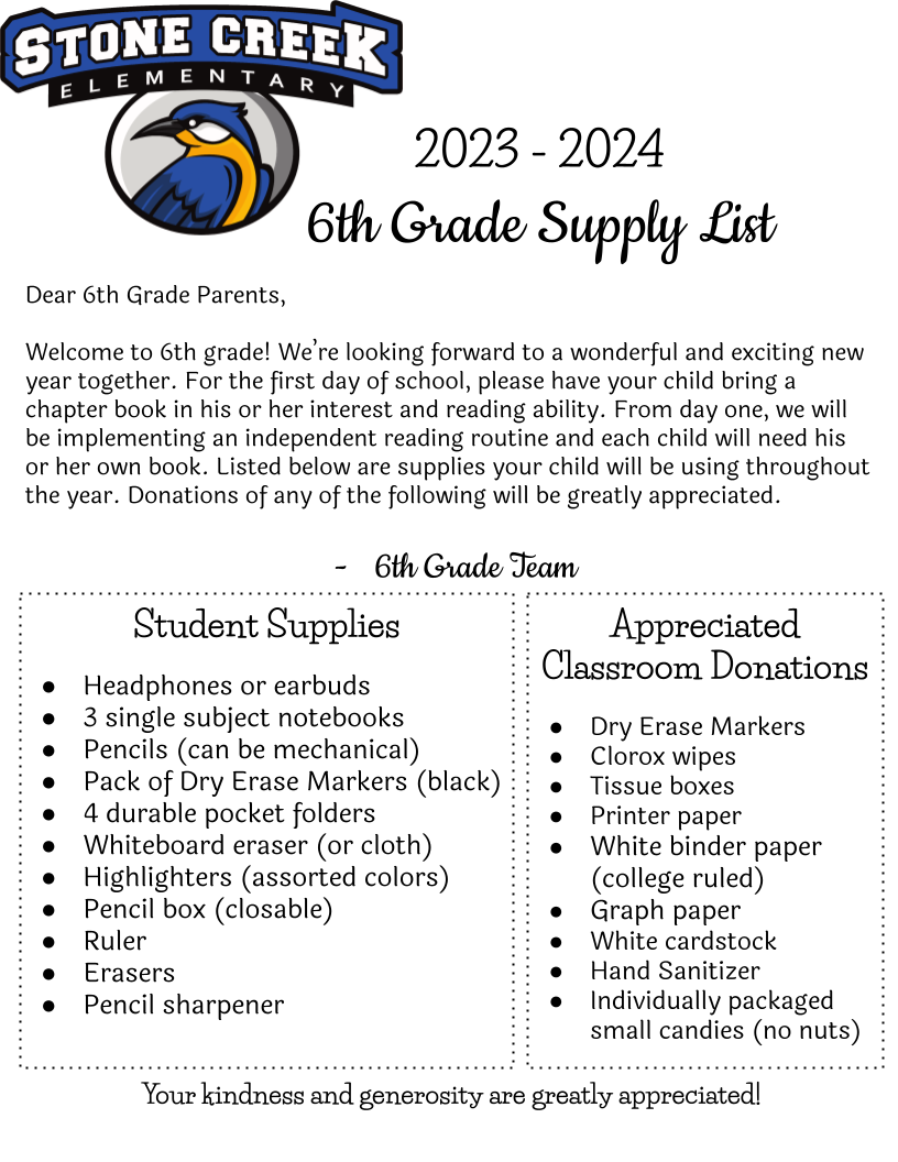 6th grade supply list – Supply Lists – Stone Creek Elementary School