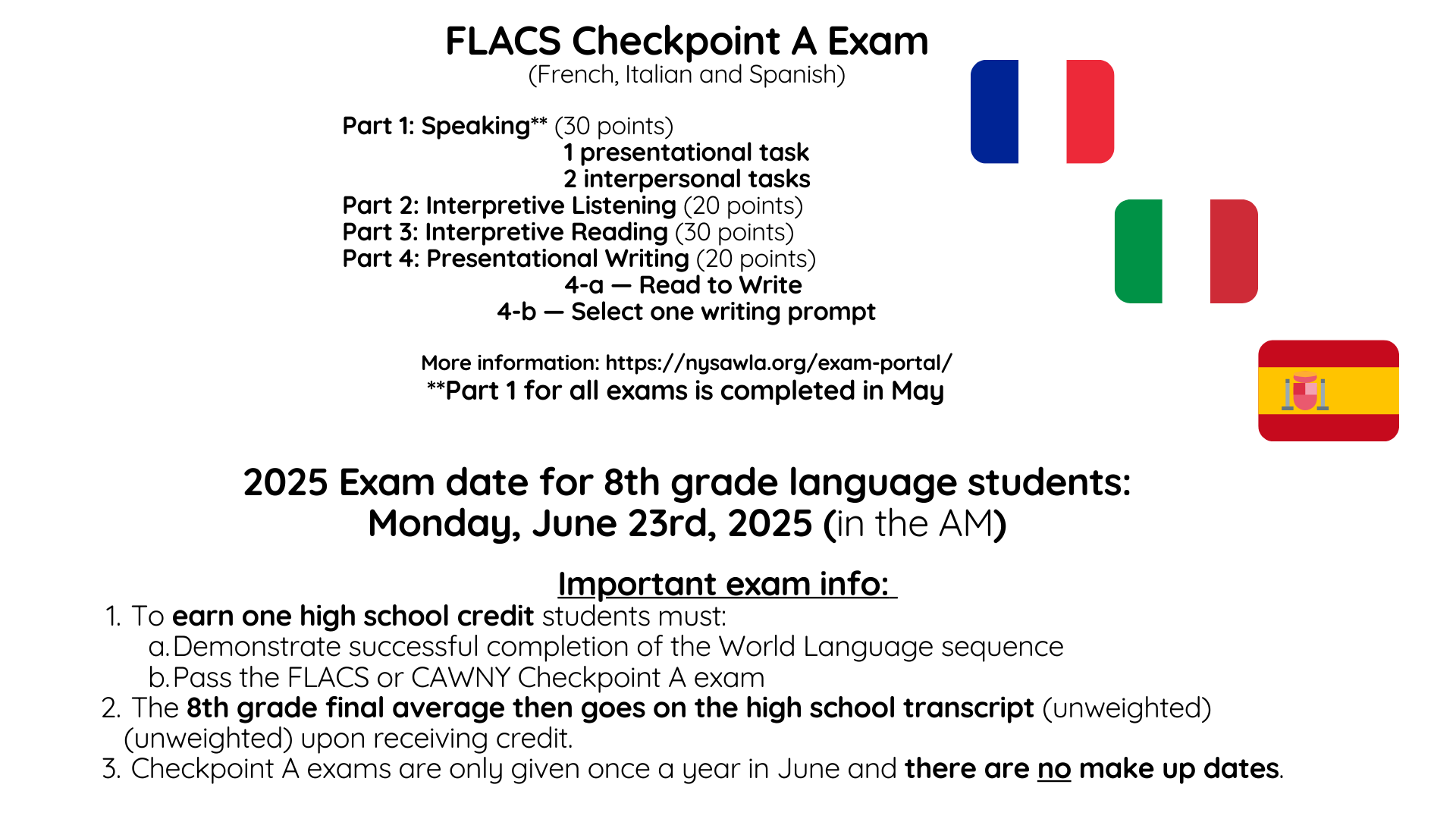 FLACS A Exam for 8th grade French, Italian & Spanish students – World ...