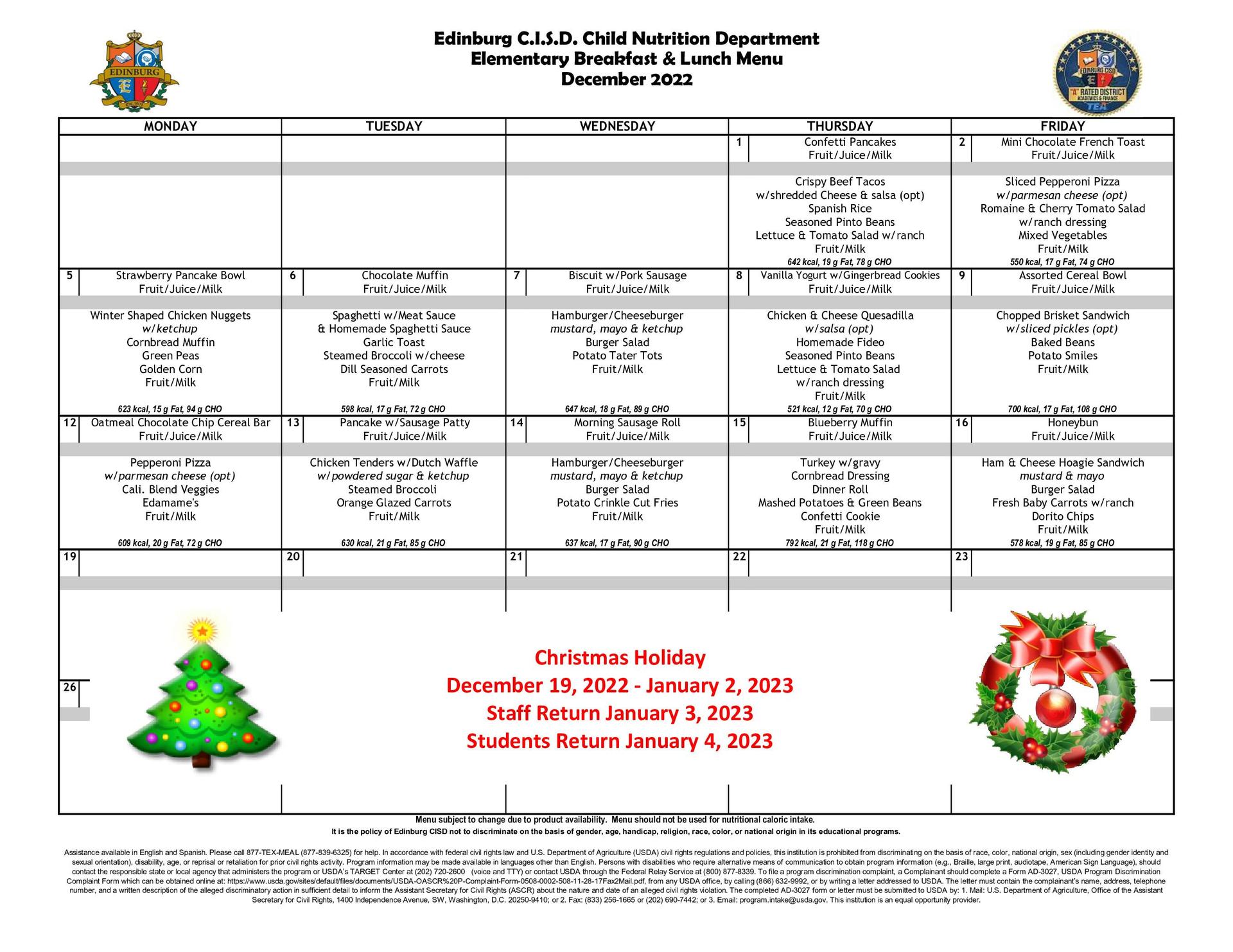 December Breakfast/Lunch Menu – Parents – Travis Elementary