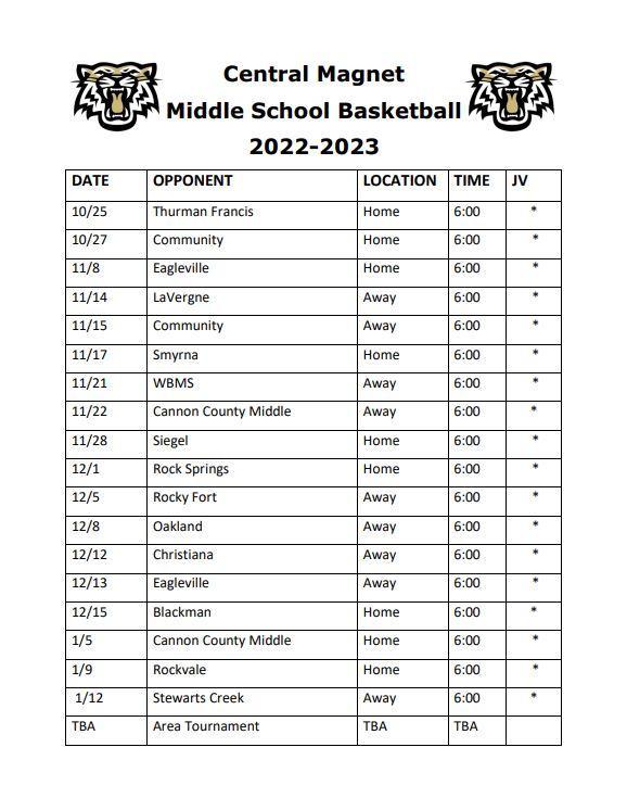 Schedule Middle School Girls Basketball Central Magnet School
