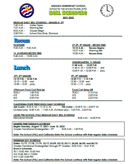 Bell Schedule – Our School – Andasol Avenue Elementary