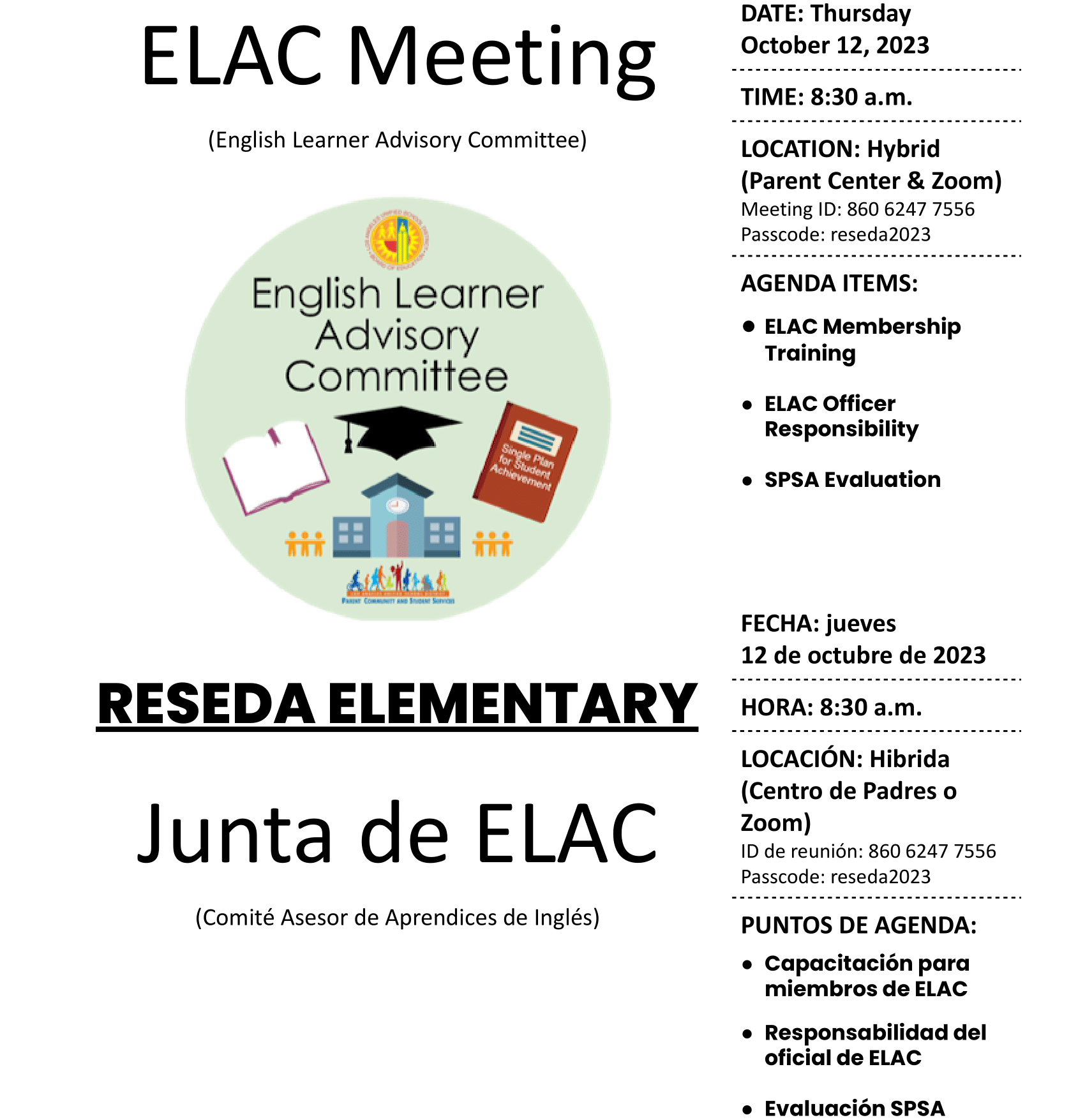 ELAC Meeting - Thursday, October 12 | Reseda Elementary School