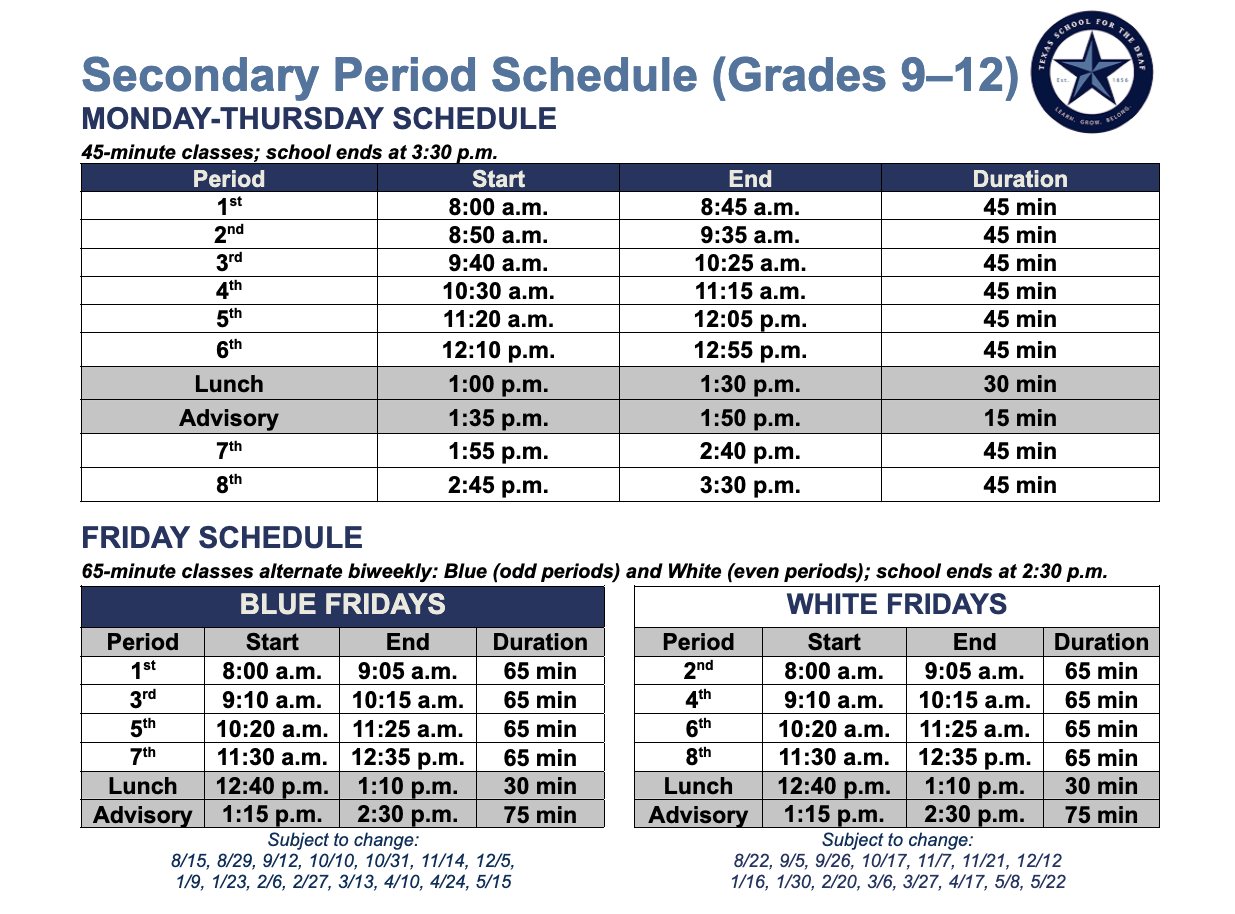 2025-2026 Bell Schedule – HOME 9-12 Secondary Program – Texas School ...