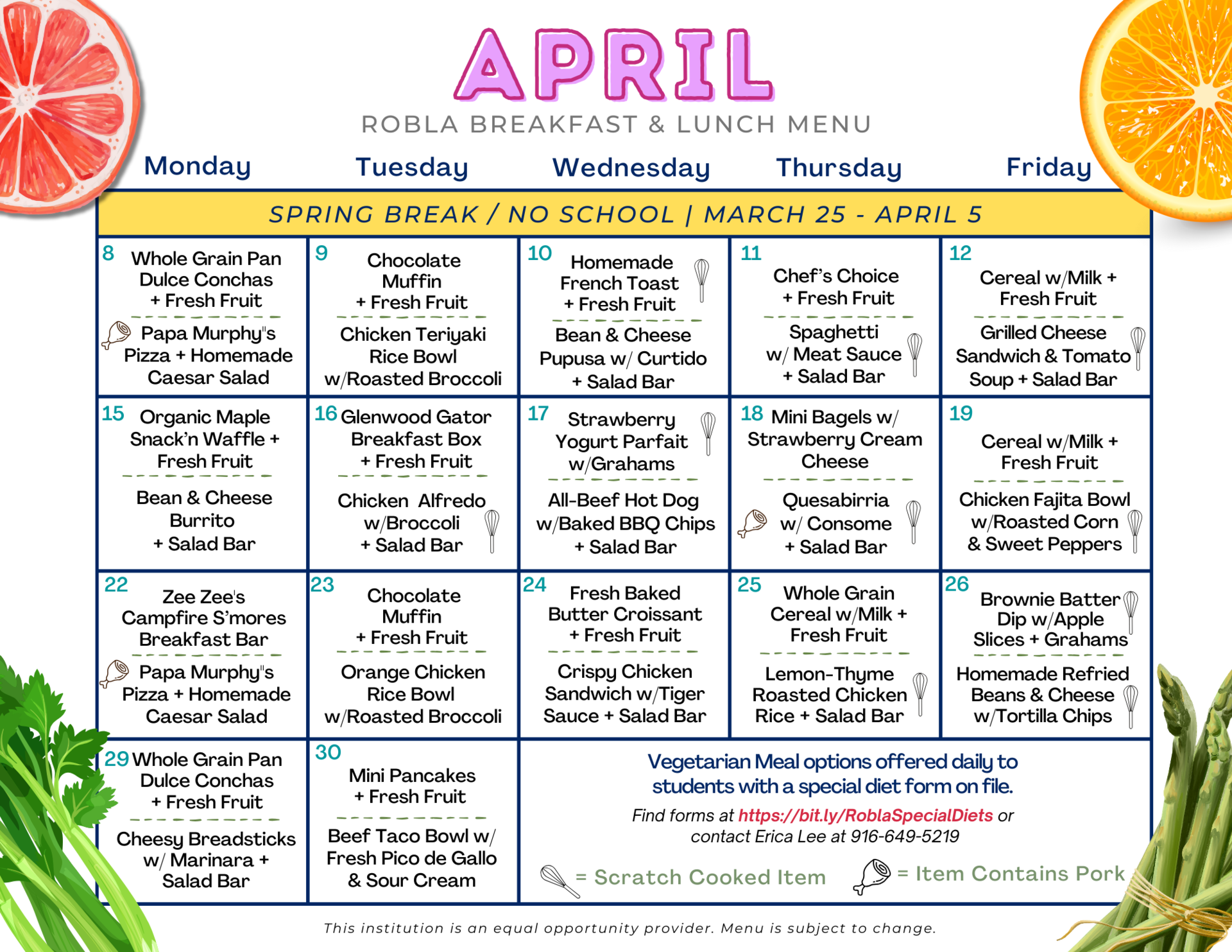 Breakfast, Lunch & Supper Menus - Food & Nutrition Services - Robla ...