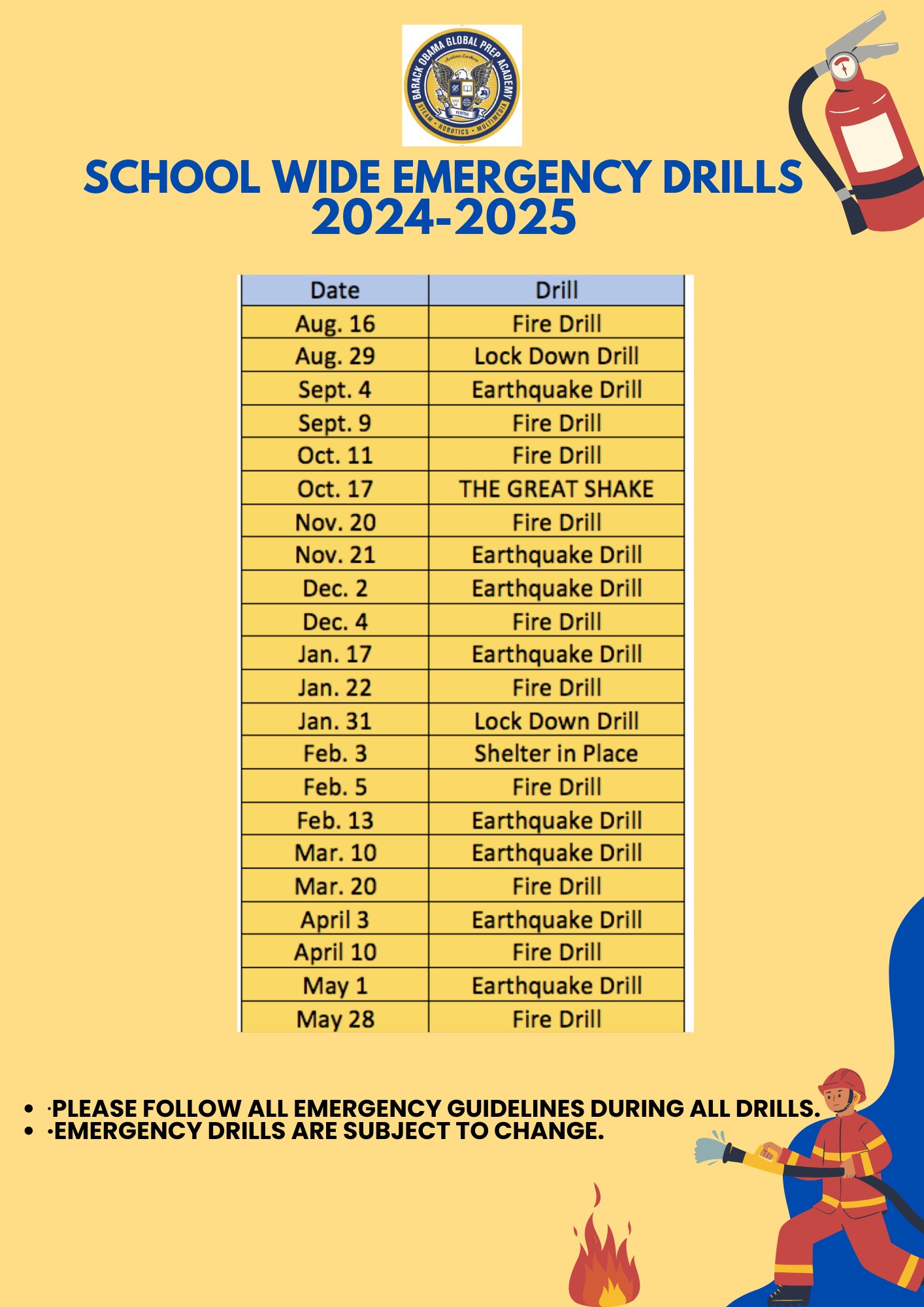 Fire Drill Schedule – About Us – Barack Obama Global Preparation Academy