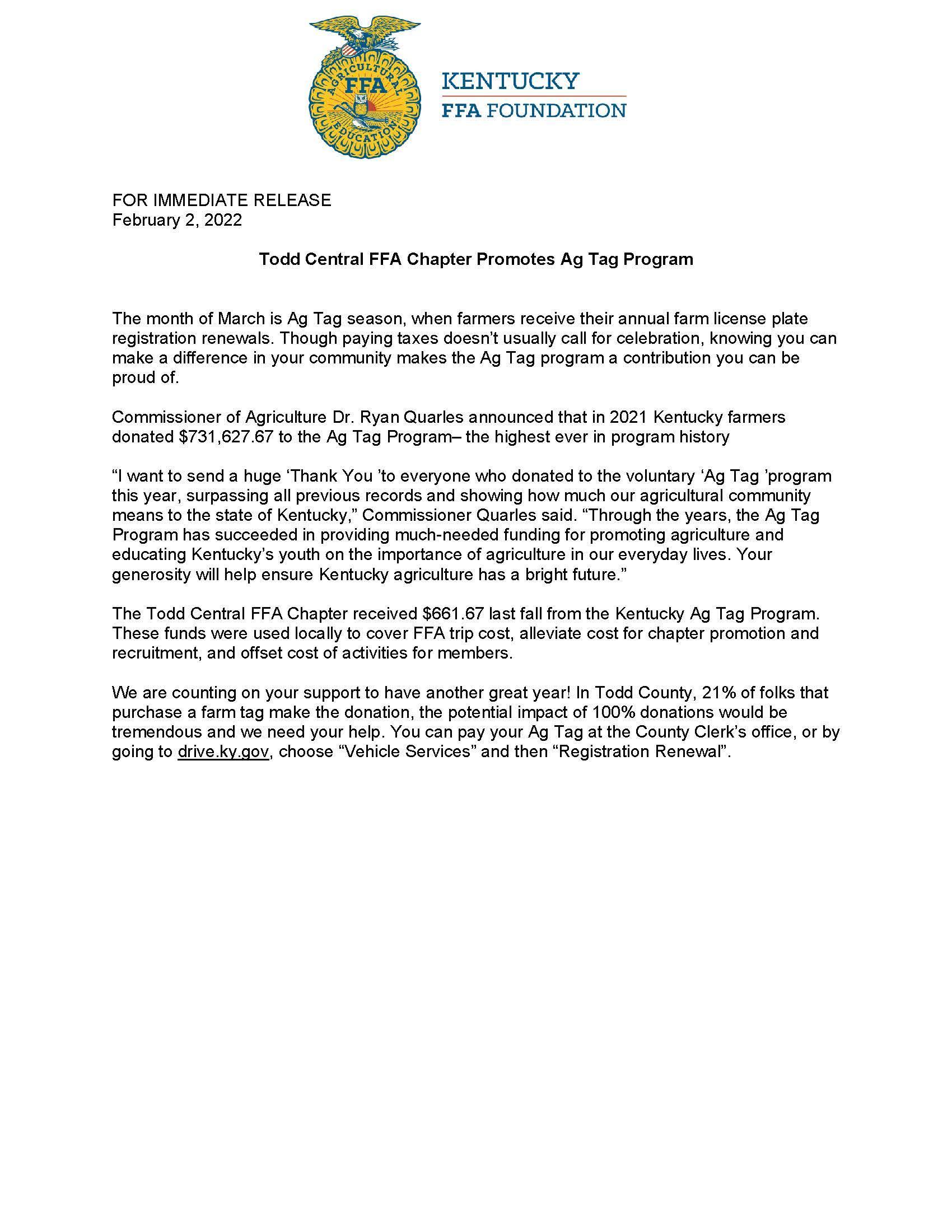 KY FFA Receives Ag Tag Dollars | Todd County