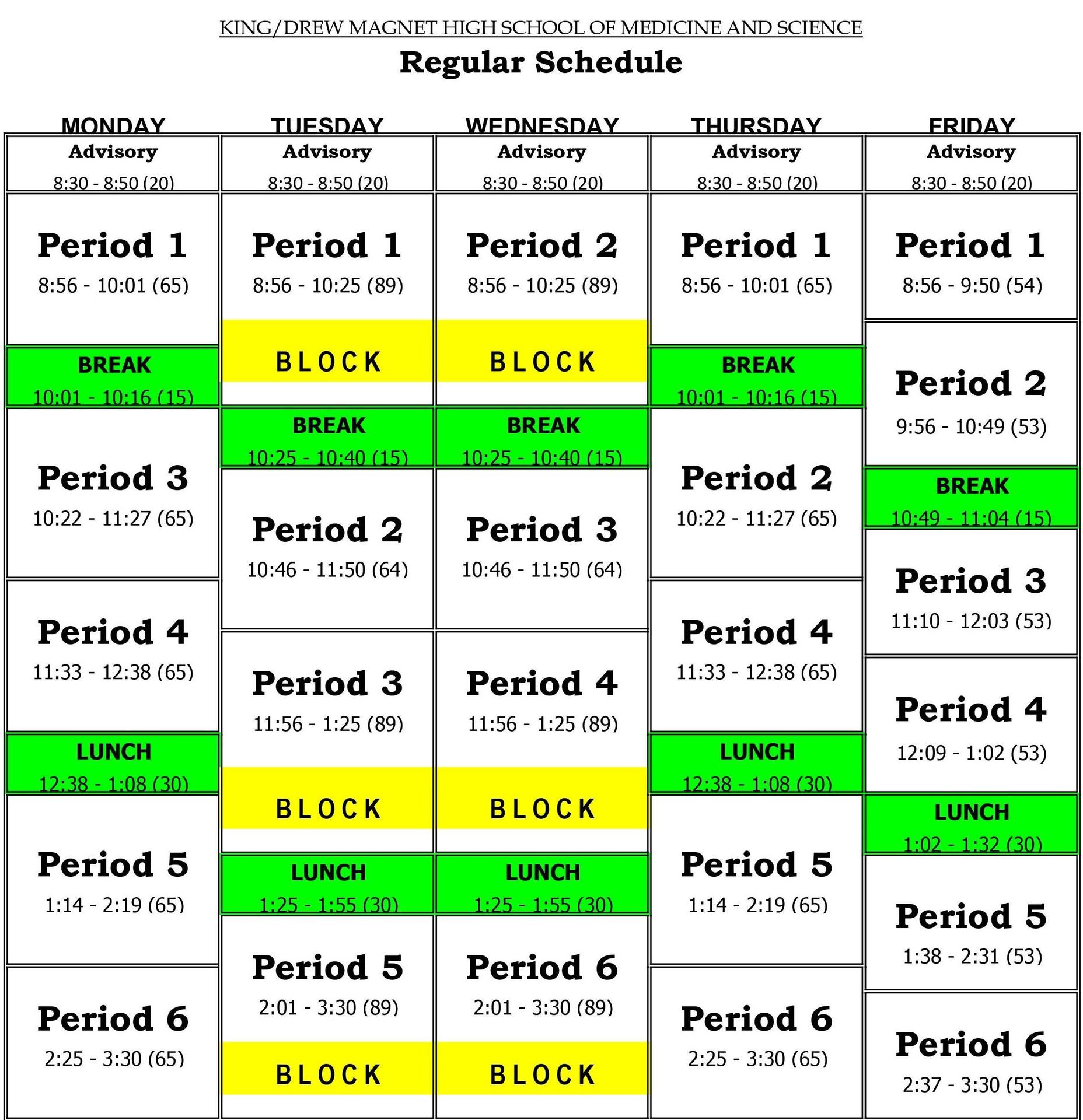 Bell Schedule – School Information – King/Drew Magnet High School of ...