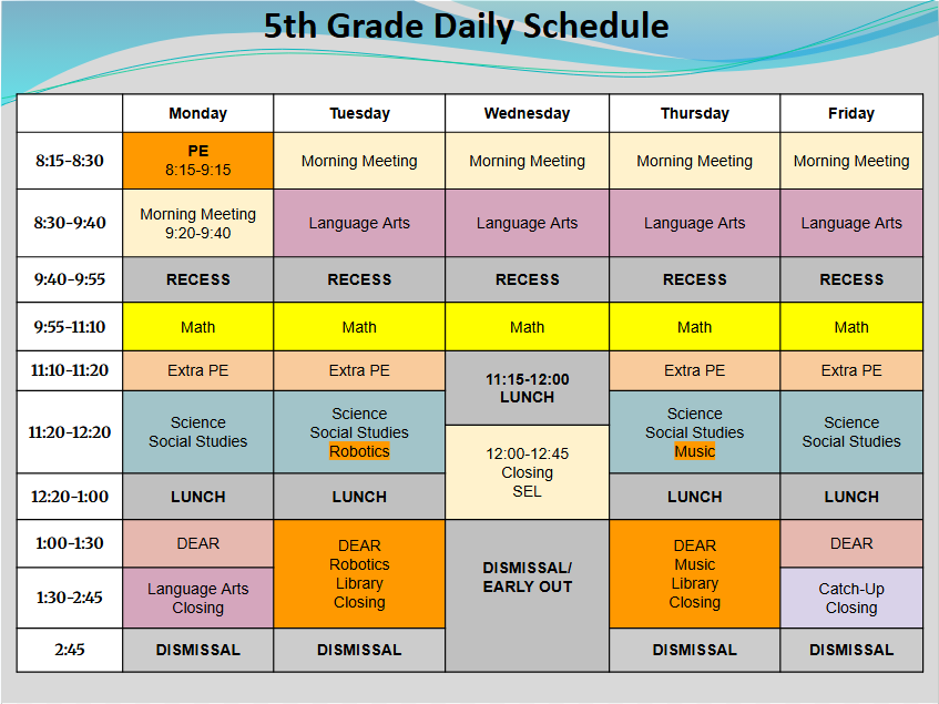 25-26 5th Grade Schedule – CaSandra Hennessy – Westhoff Elementary School