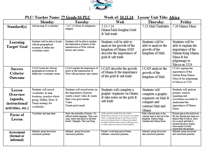 World History – Teressa Parker – Siegel Middle School