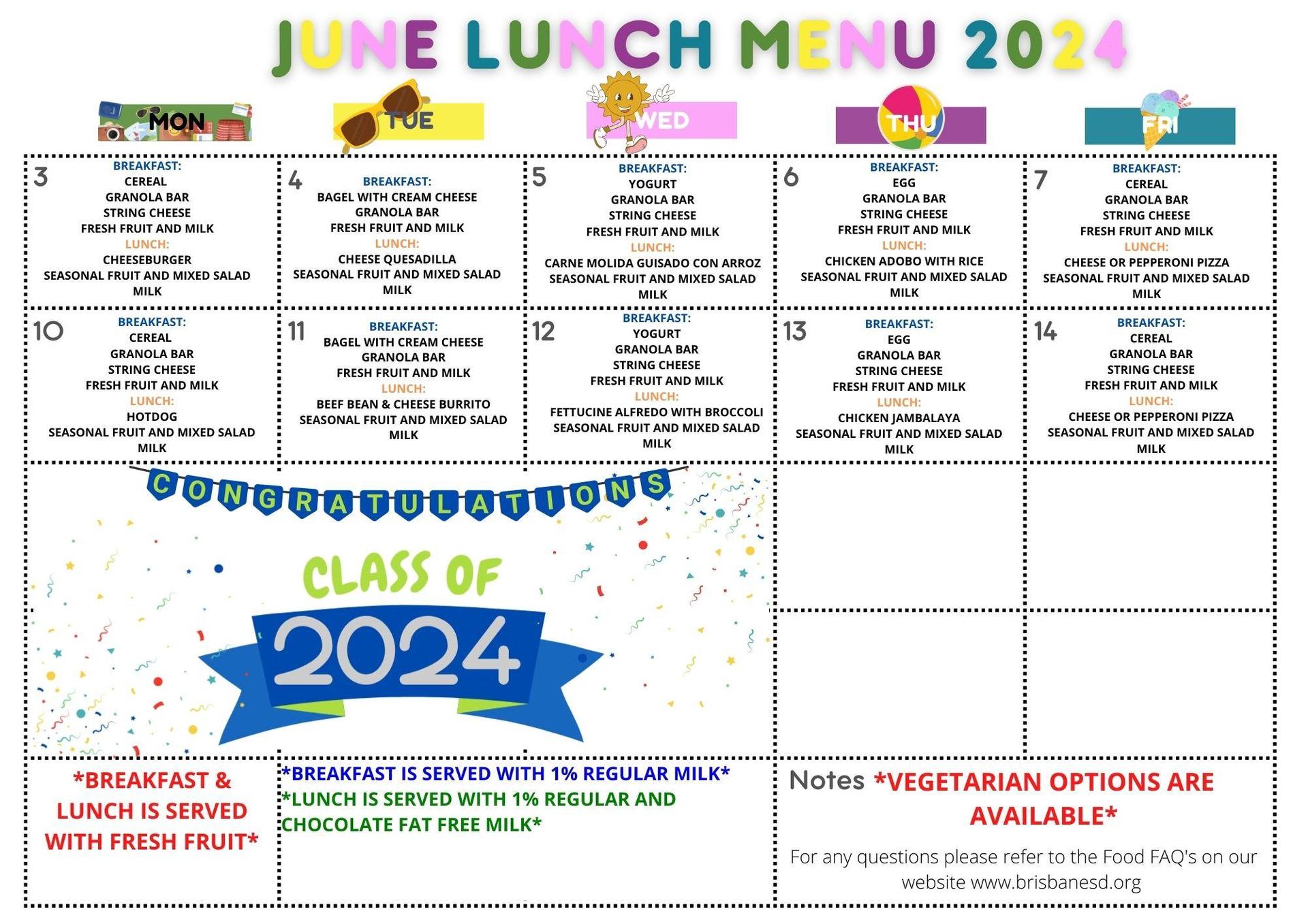 Meal Calendar – Lunch Program – Brisbane School District